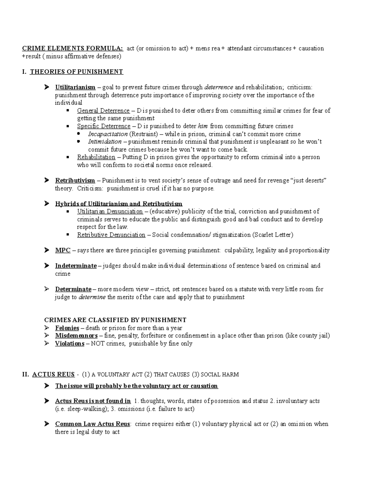 Criminal Law - Prof. Patton 2 - CRIME ELEMENTS FORMULA: act (or ...