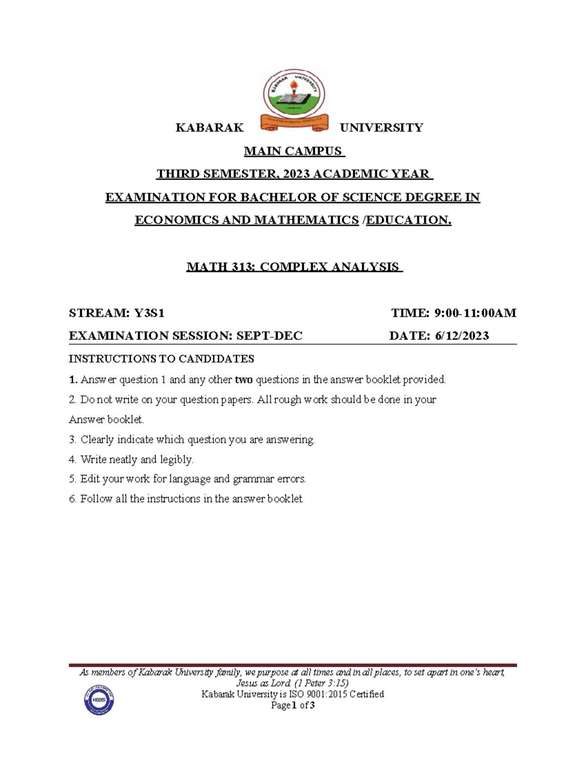 MATH 313 Complex Analysis - kabarak university - KABARAK UNIVERSITY ...