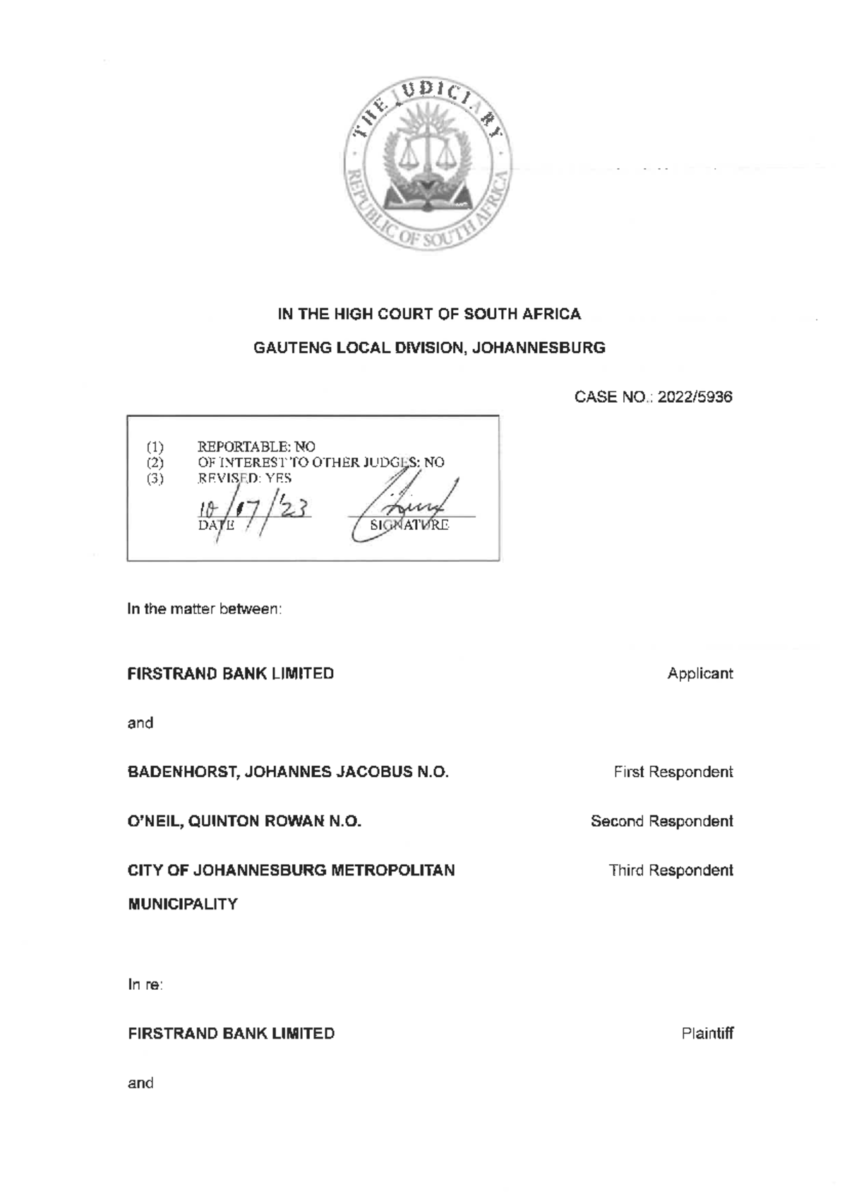 First Rand Bank Limited v Badenhorst NO and Others - THE EDICIARY ...