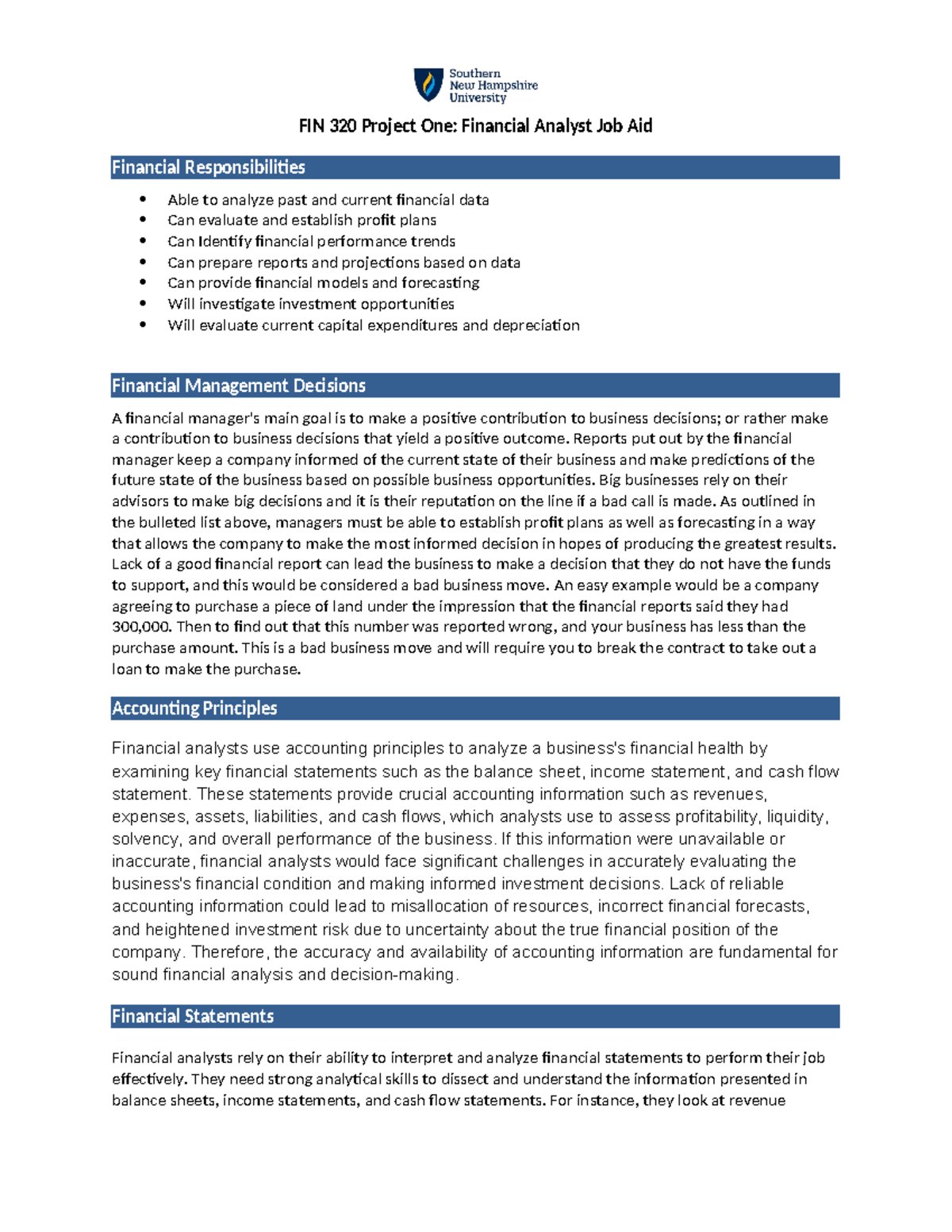 FIN 320 Project One Financial Analyst Job Aid (1) 1 - FIN 320 Project ...