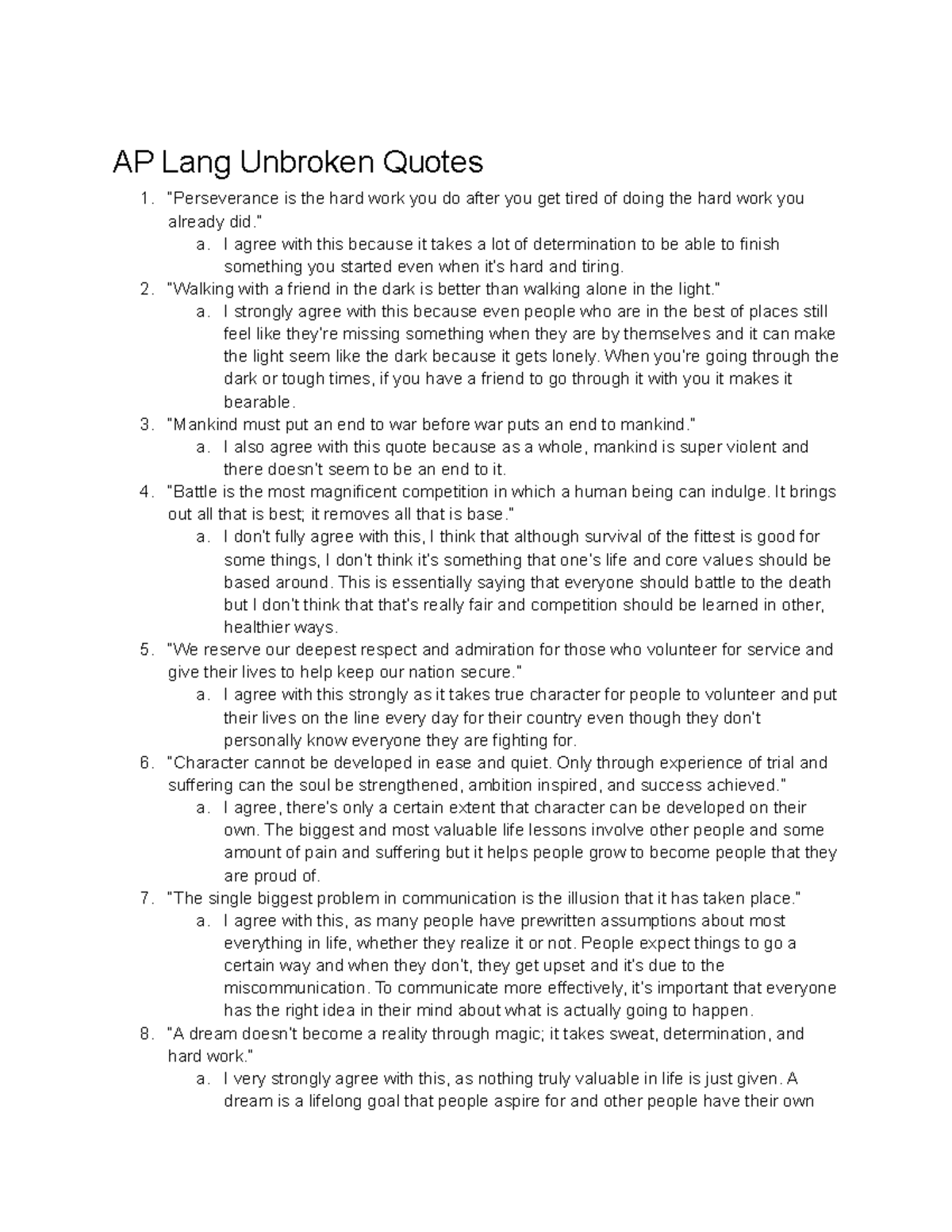 AP Lang Unbroken Quotes - AP Lang Unbroken Quotes “Perseverance is the ...