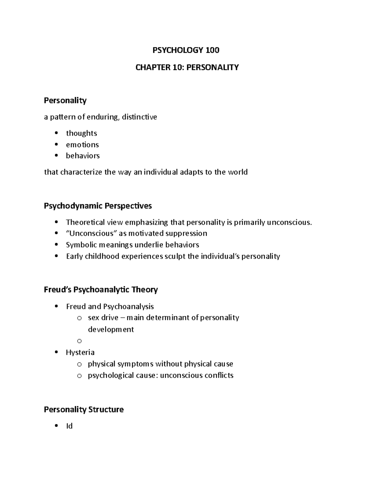 PSY 100 Chapter 10 Personality - PSYCHOLOGY 100 CHAPTER 10: PERSONALITY ...
