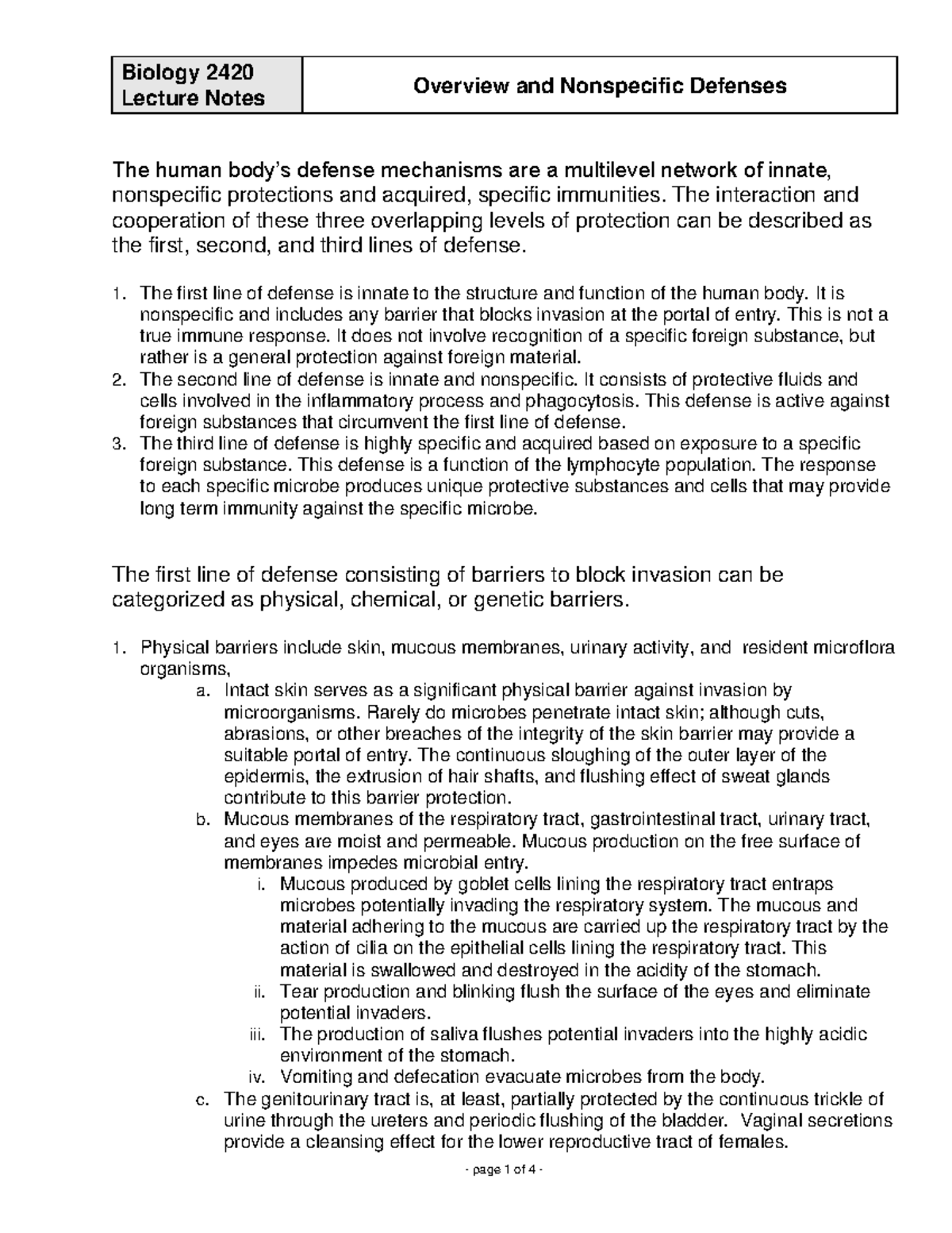 Microbiology Lecture Notes - Overview and Nonspecific Defenses ...