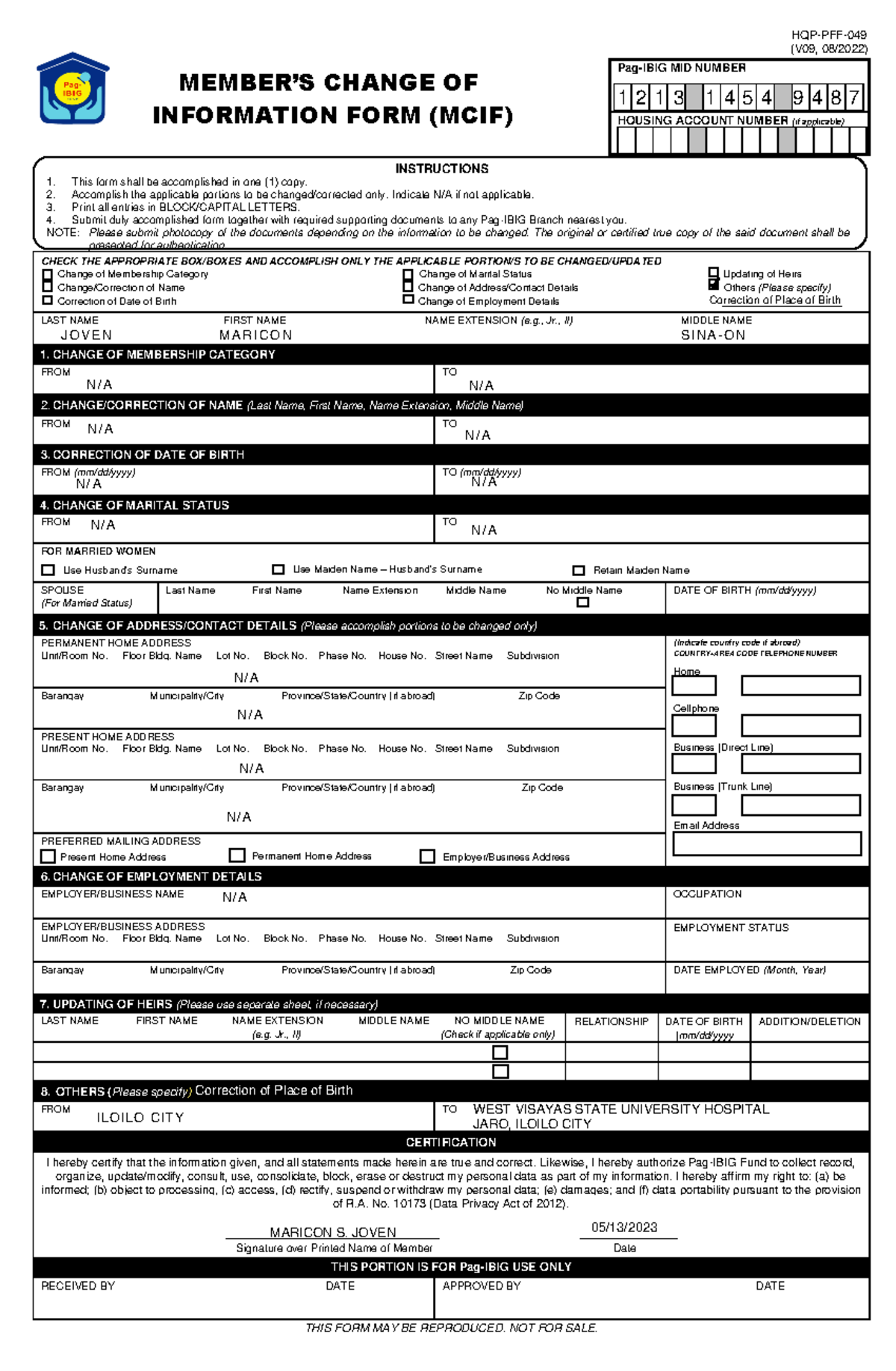 PFF049 Members Change Information Form - MEMBER’S CHANGE OF INFORMATION ...