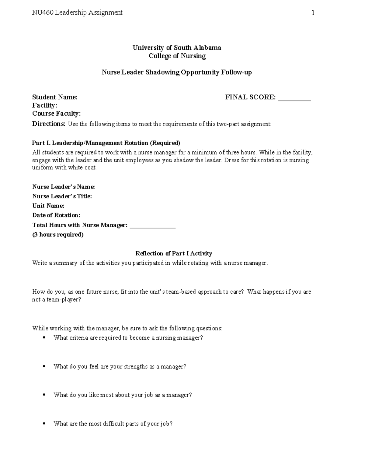 NU460 Nurse Leader Shadowing Follow-Up Template - NU460 Leadership ...