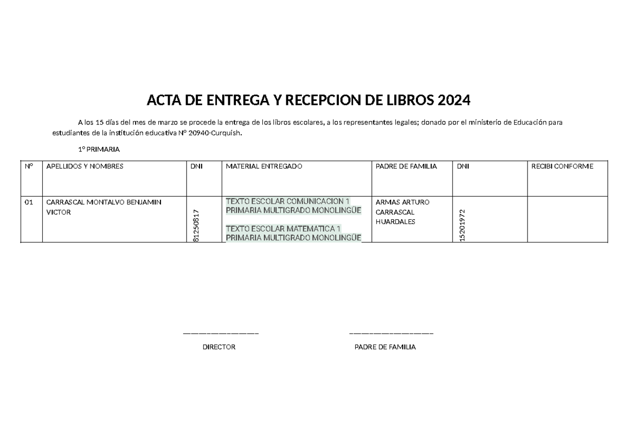 ACTA DE Entrega Y Recepcion DE Libros 2024 - ACTA DE ENTREGA Y ...