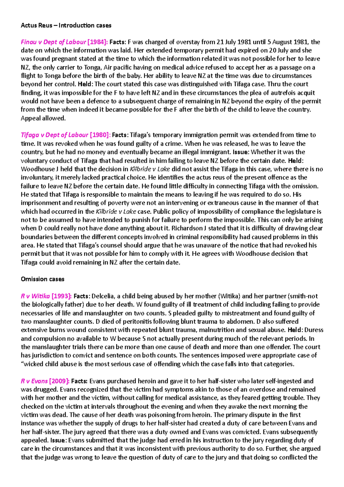 AR Omission notes - Actus Reus – Introducion cases Finau v Dept of ...