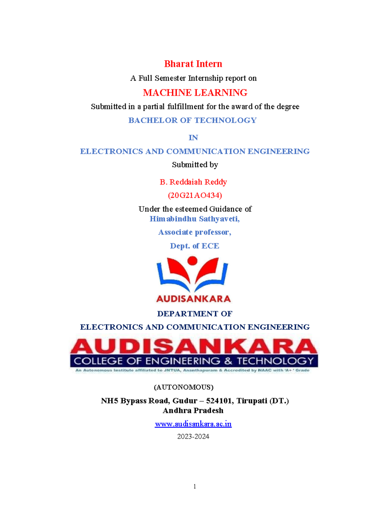 SANK Sample FSI Report - Bharat Intern A Full Semester Internship report on MACHINE LEARNING ...