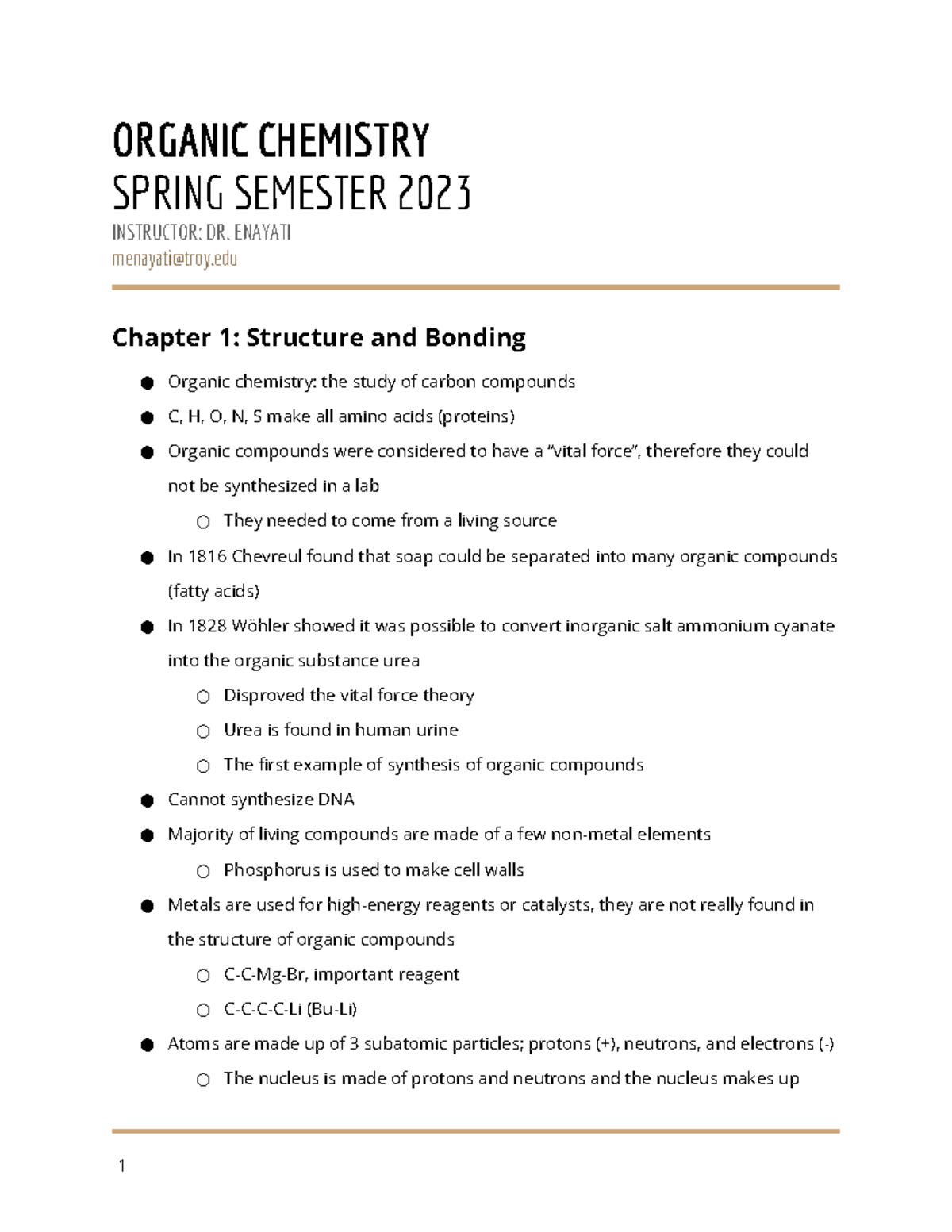 chapter 1 notes - ORGANIC CHEMISTRY SPRING SEMESTER 2023 INSTRUCTOR: DR ...