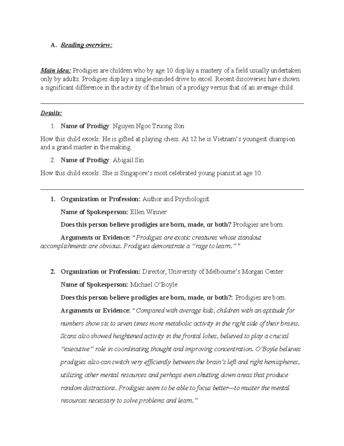 Prodigy - 123 - A. Reading overview: Main idea: Prodigies are children ...