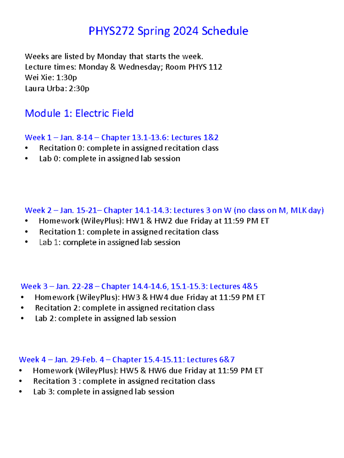 PHYS 272 Schedule spring 2024 calendar - PHYS272 Spring 2024 Schedule ...