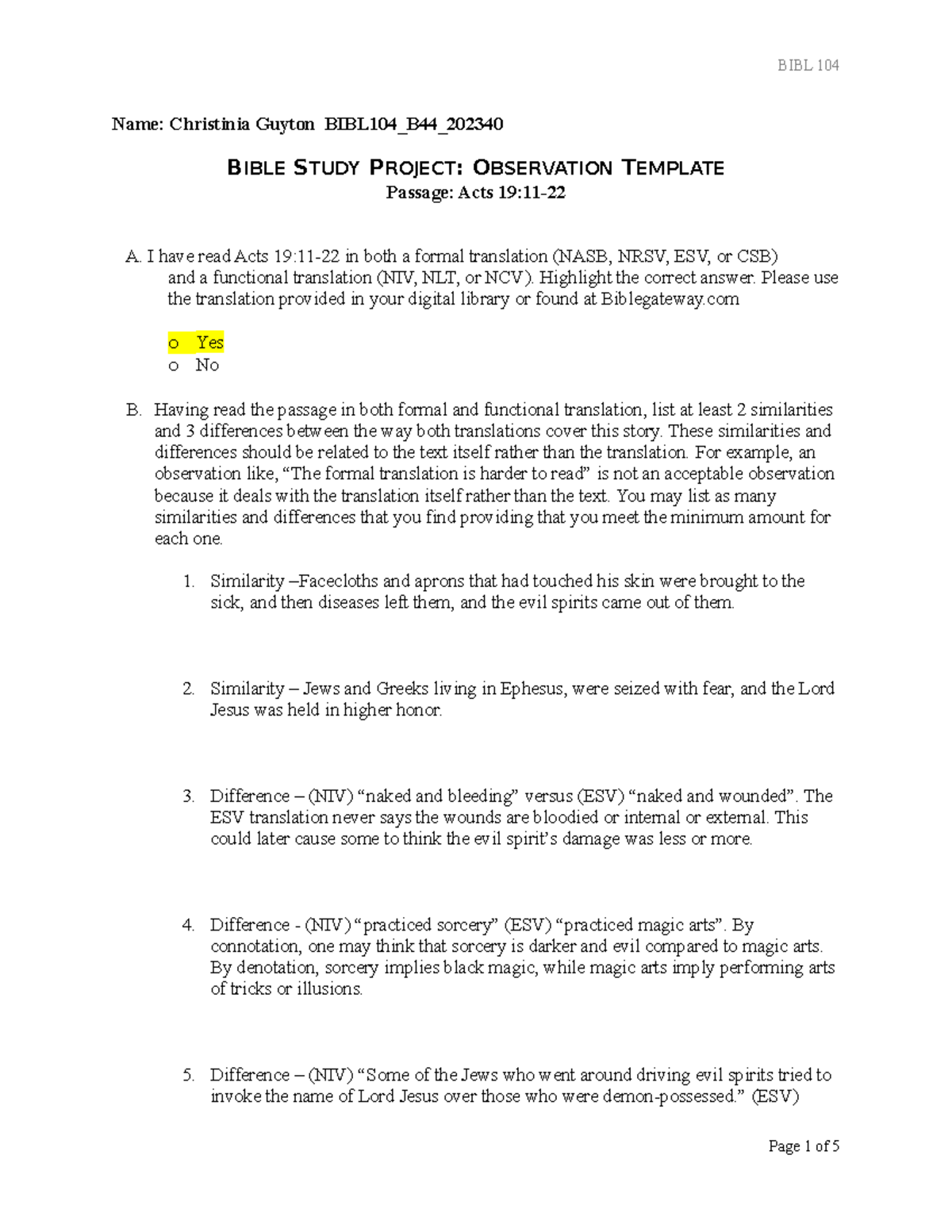 Bible Study Project Observation Template - Name: Christinia Guyton ...