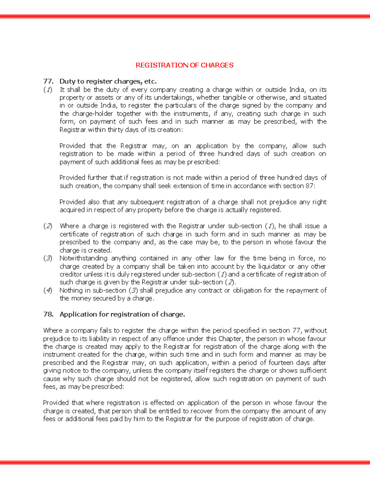 Note about Registration OF Charges - CHAPTER VI REGISTRATION OF CHARGES ...