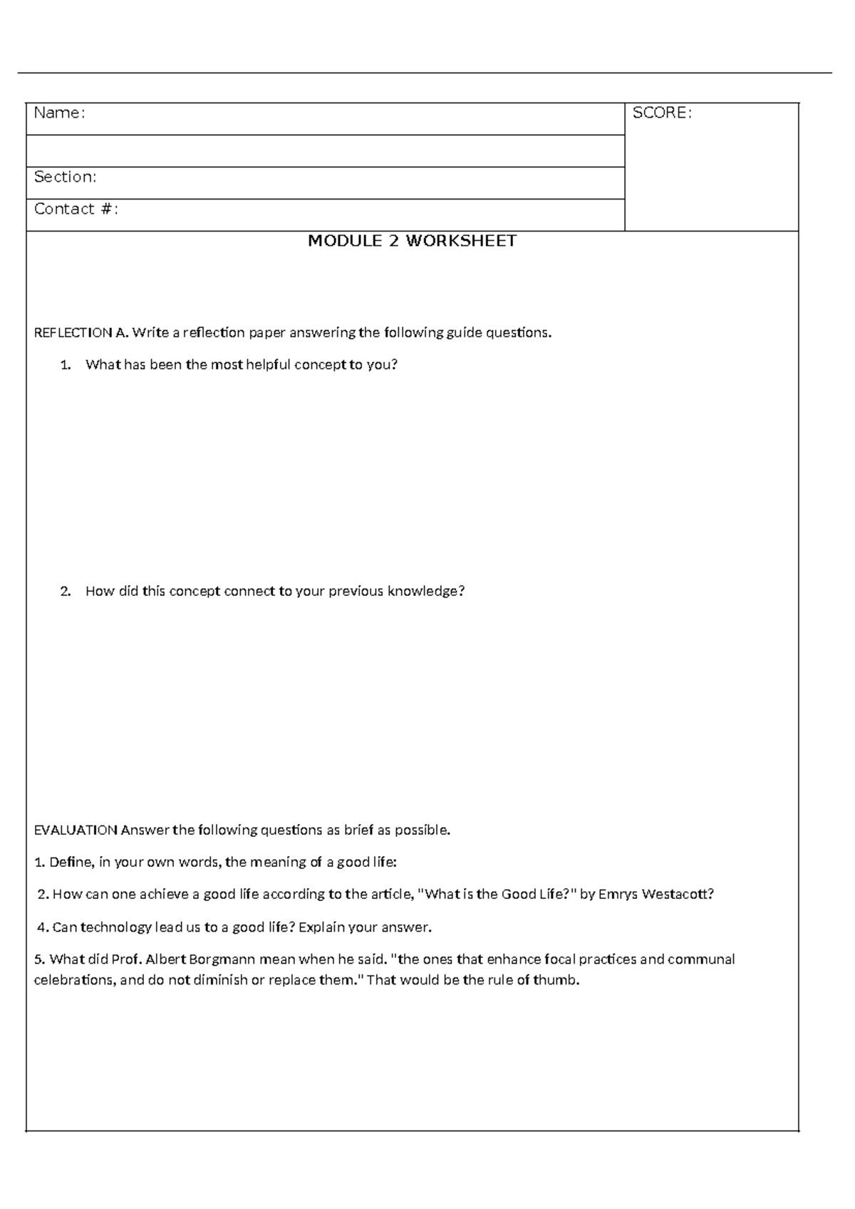 Occ-module-2 (3) (1) - Copy - Name: SCORE: Section: Contact #: MODULE 2 ...