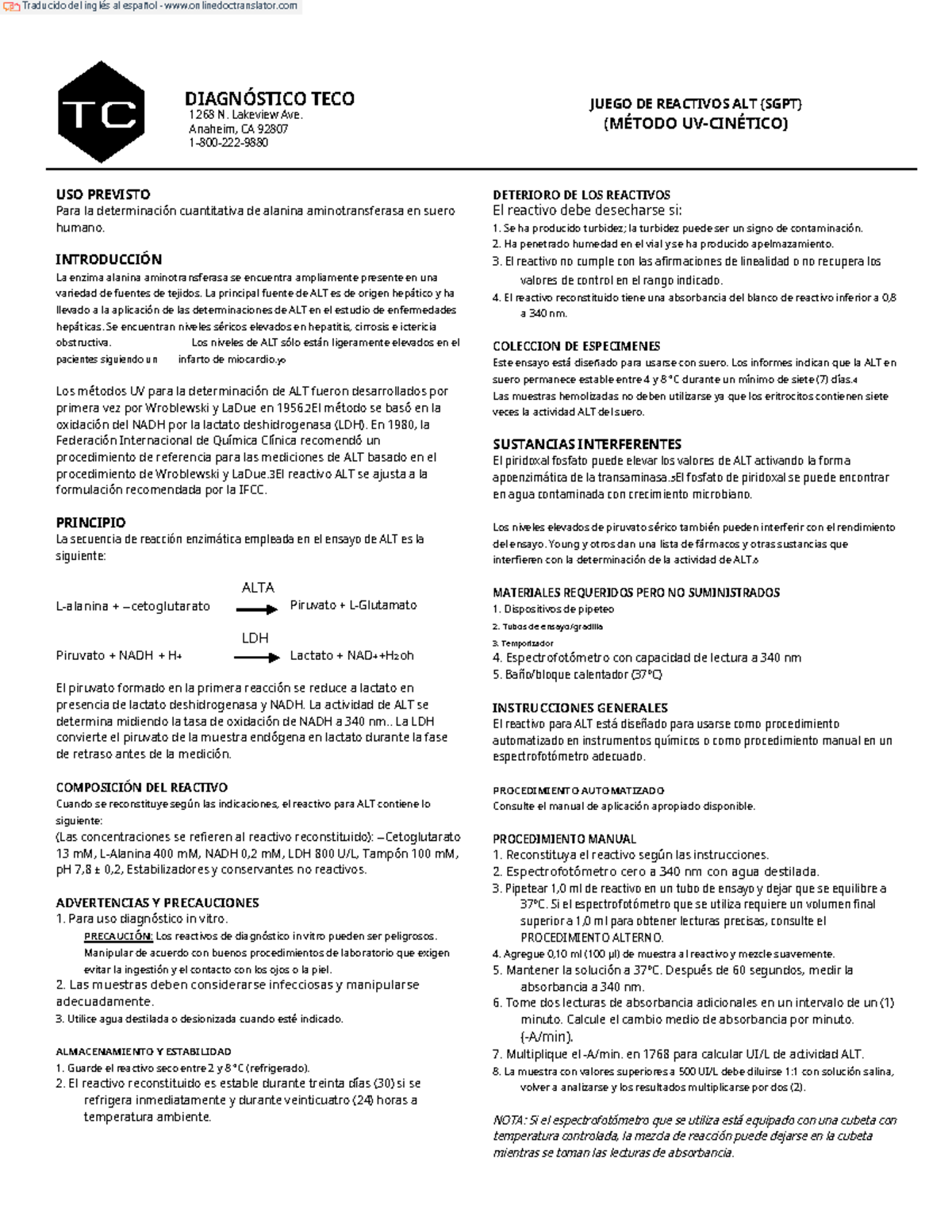 Inserto ALT kit - alt - DIAGNÓSTICO TECO JUEGO DE REACTIVOS ALT (SGPT ...