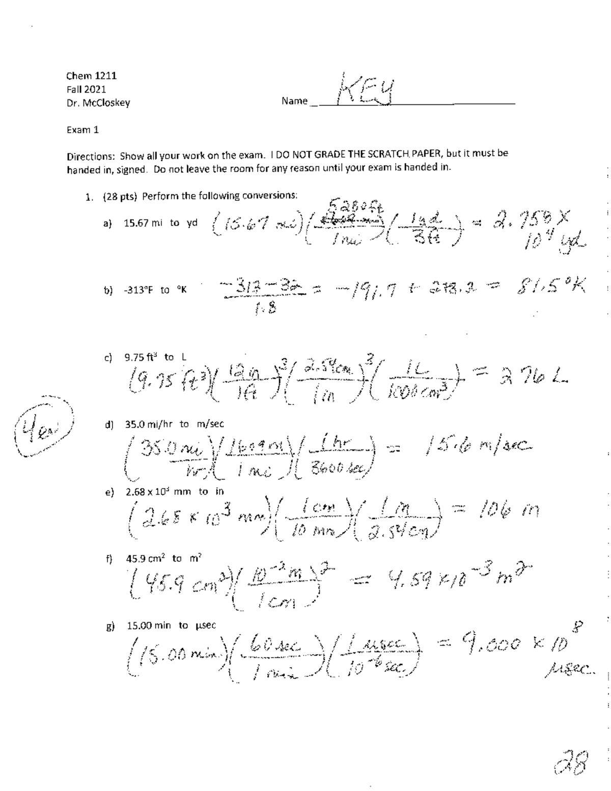 1211 Key to Exam 1 - practice - CHEM 1211K - Studocu