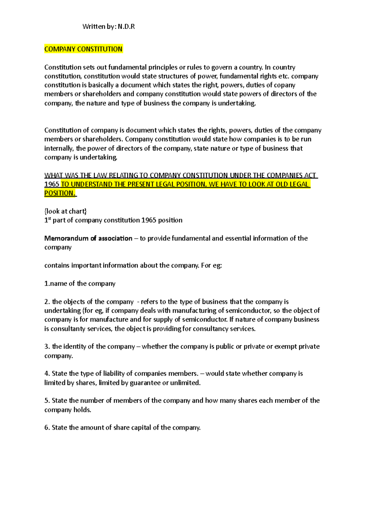 Notes for constitution chapter - COMPANY CONSTITUTION Constitution sets ...