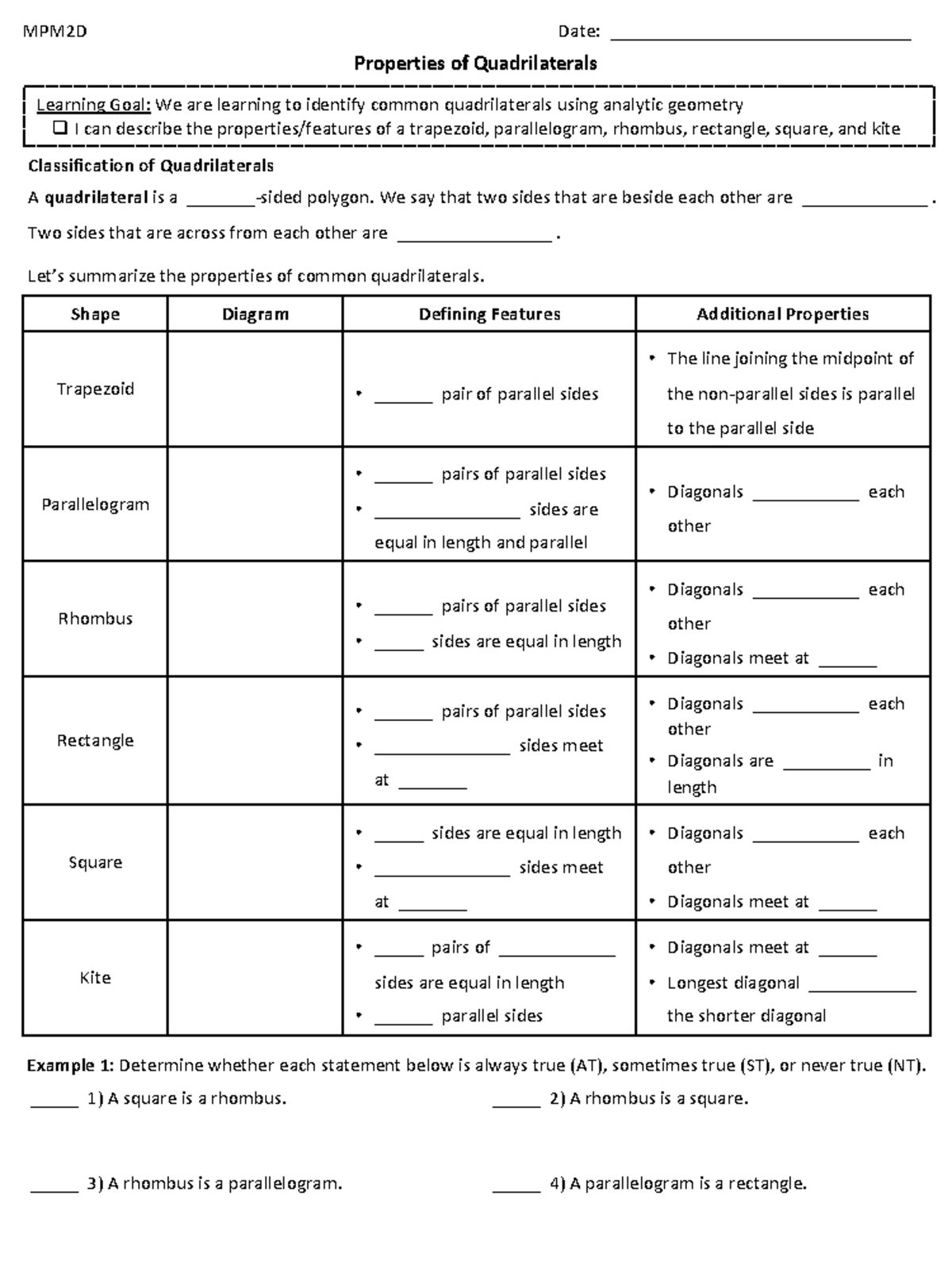 Unit 2 Lesson 7 - Properties of Quadrilaterals MPM2D Date