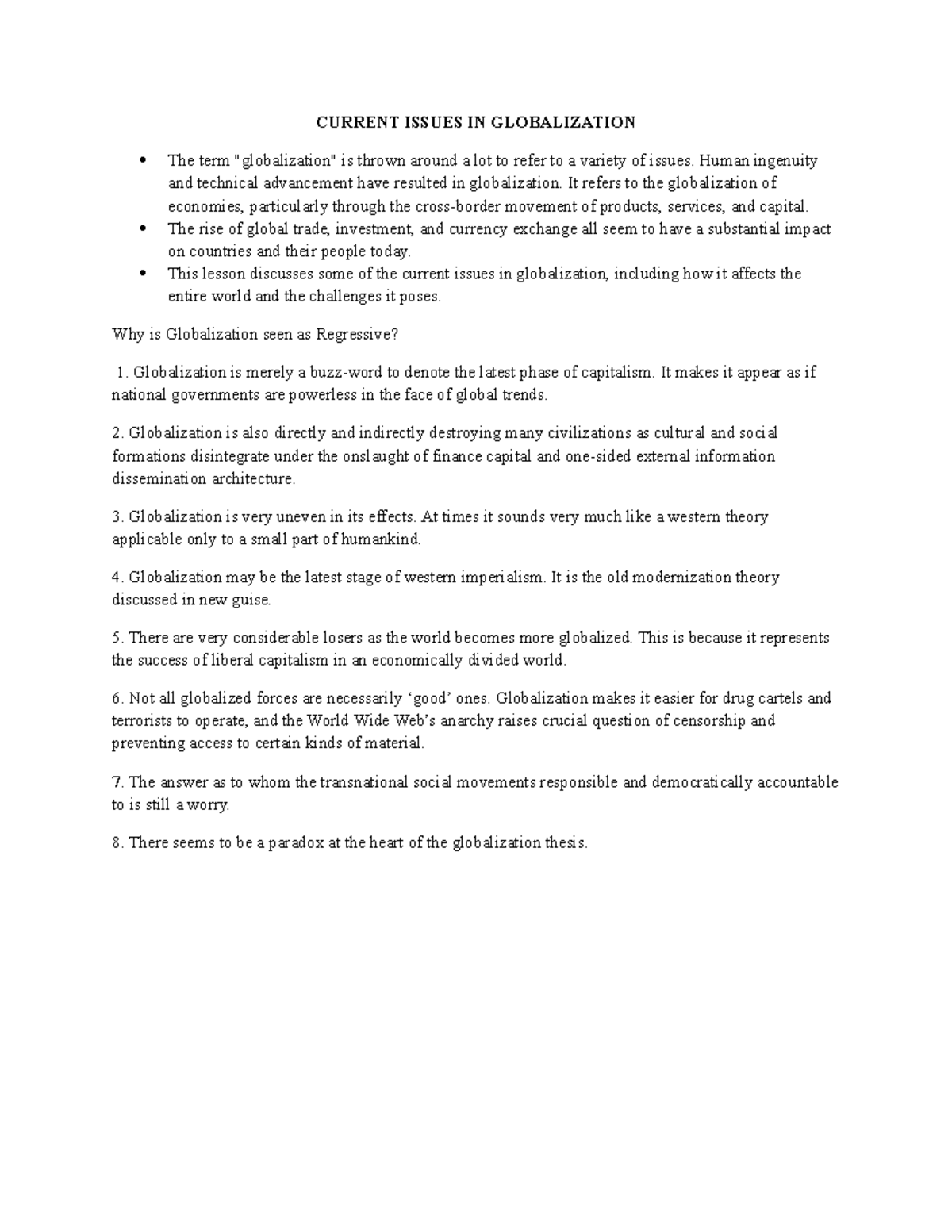 Current Issues IN Globalization - CURRENT ISSUES IN GLOBALIZATION The ...