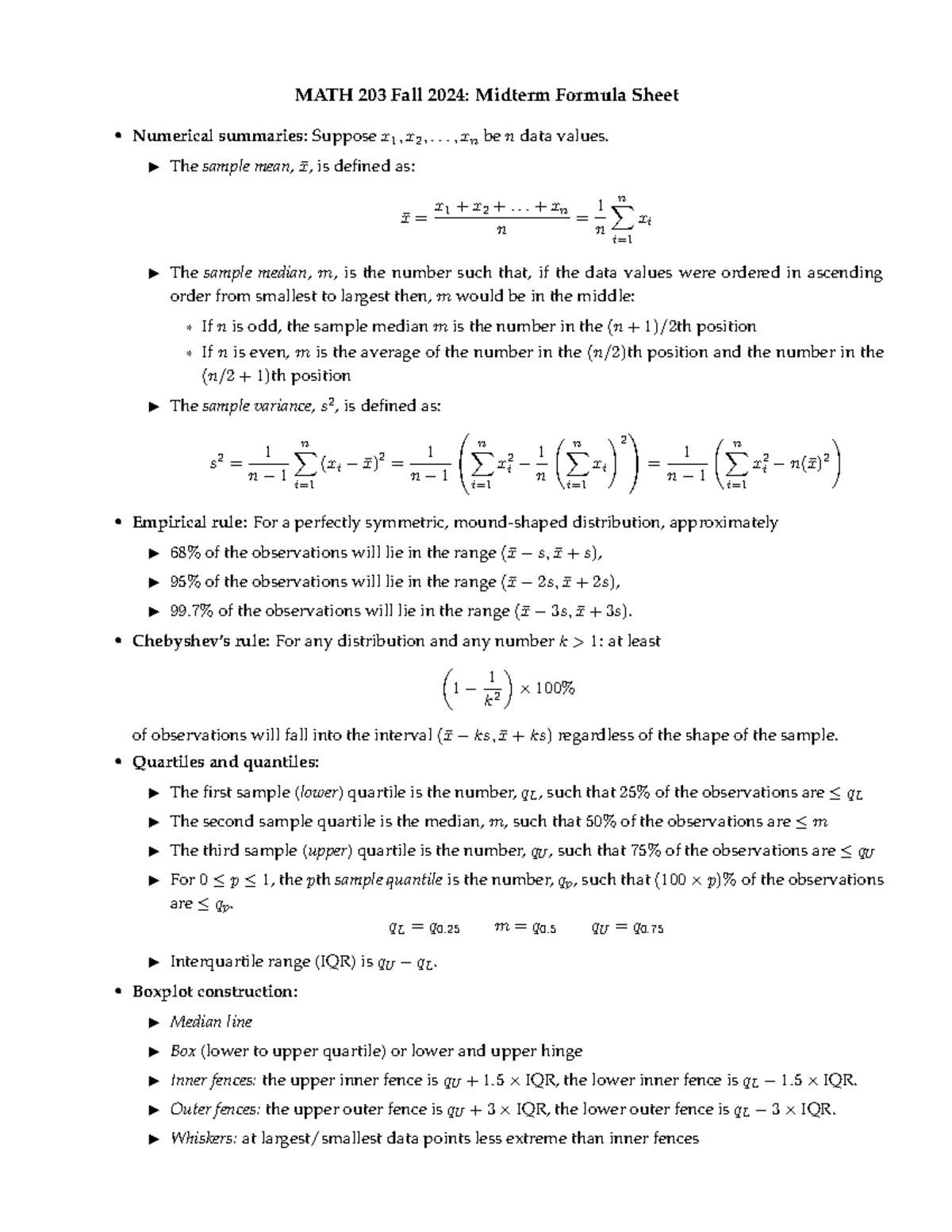 Math203 2024 Formula Sheet MT - MATH 203 Fall 2024: Midterm Formula Sheet Numerical summaries ...