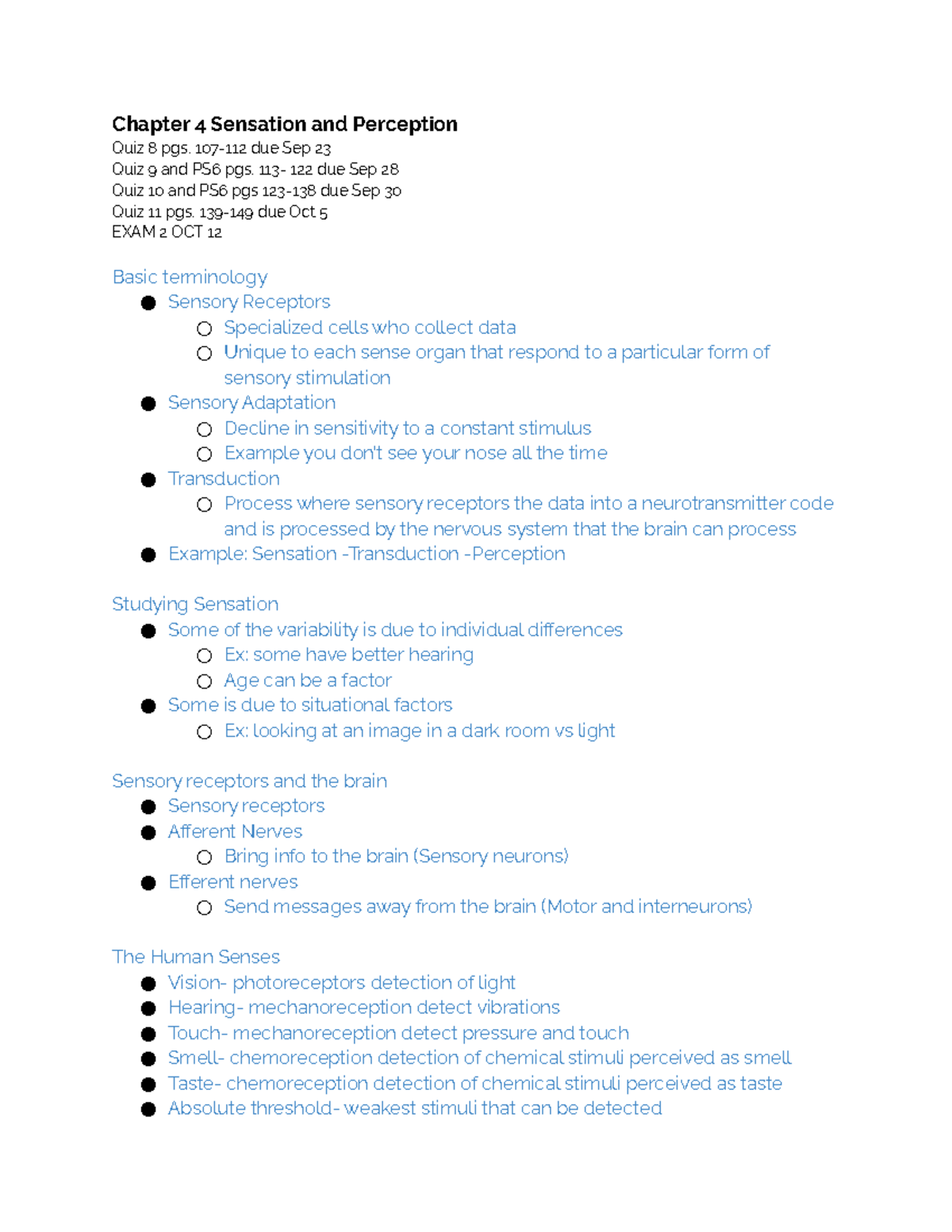 Chapter 4 Notes psych 101 - Chapter 4 Sensation and Perception Quiz 8 ...