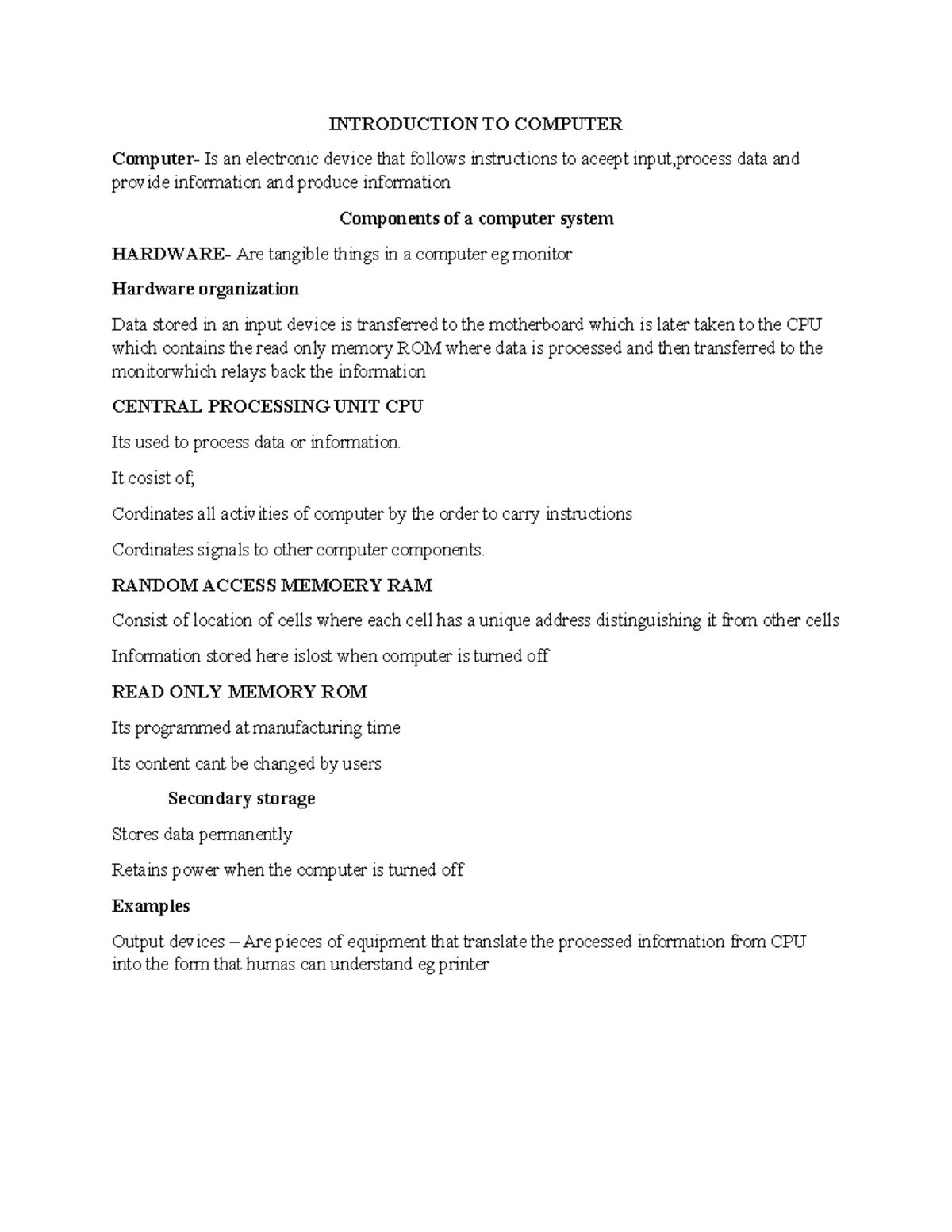 Task 1 Introduction To Computer Computer Is An Electronic Device That Follows Instructions To 