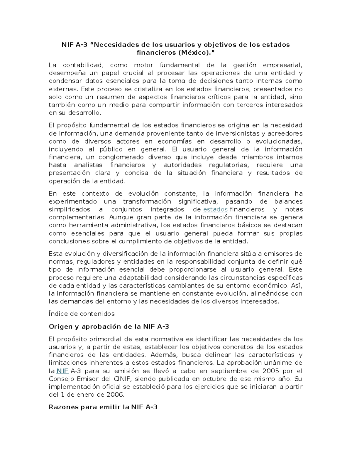 NIF A-3 - Resumen de la NIF A-3 - NIF A-3 “Necesidades de los usuarios ...