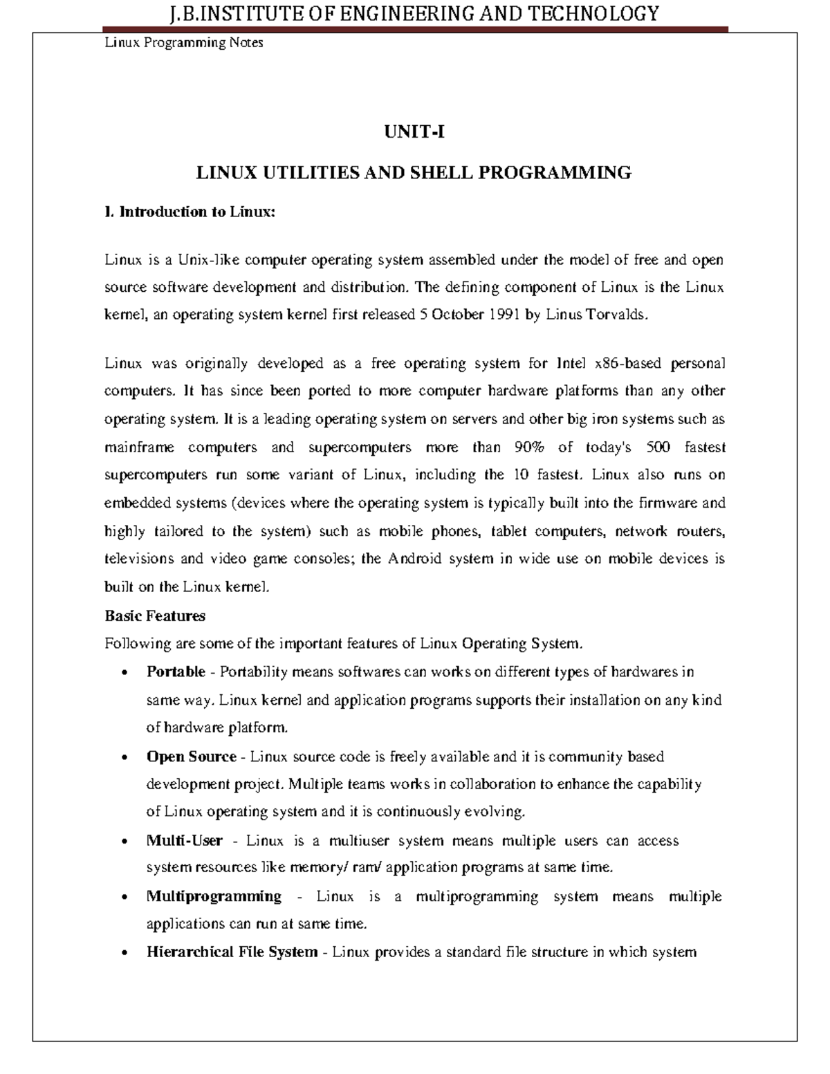 Linux jb institute - some advance - Linux Programming Notes UNIT-I ...