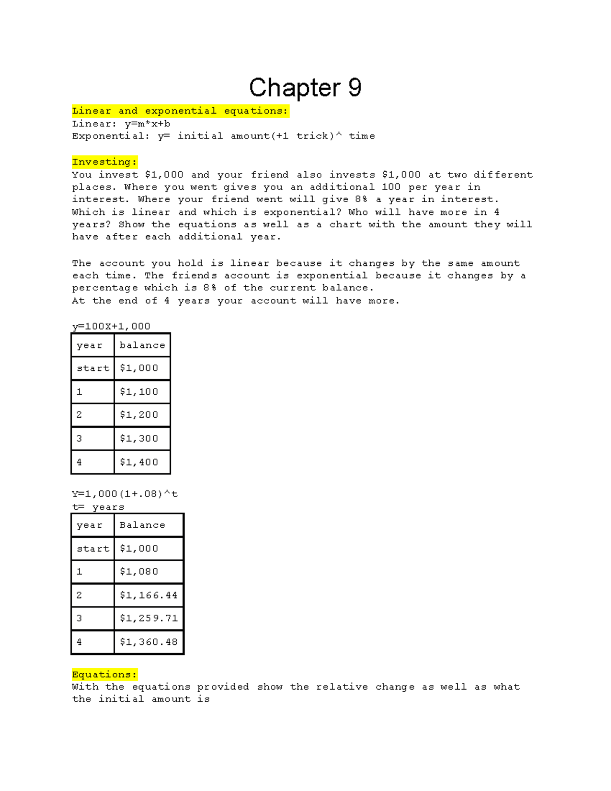 MATH 2623 Chapter 9 Notes - Chapter 9 Linear and exponential equations ...