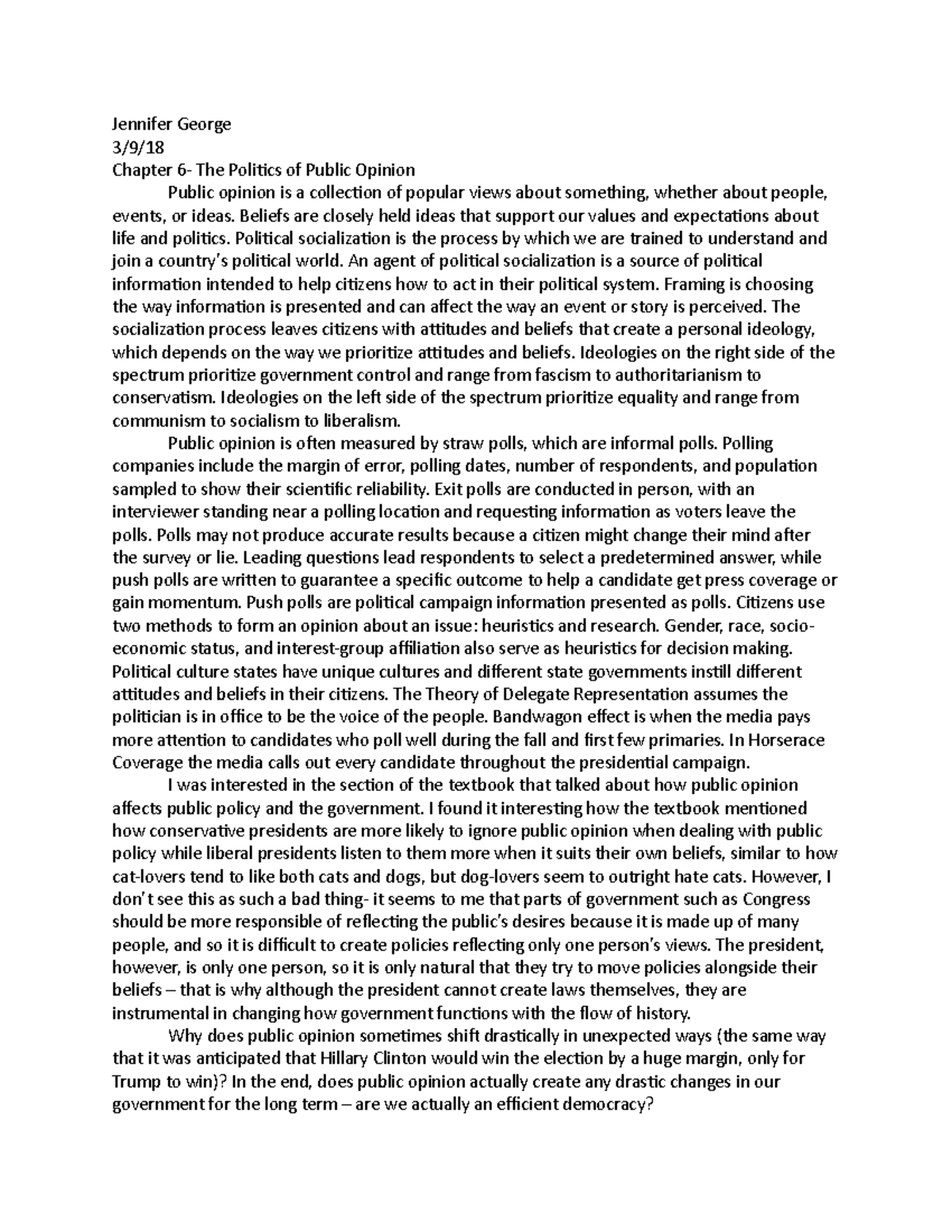 Critique Chapter 6- The Politics of Public Opinion - Jennifer George 3 ...