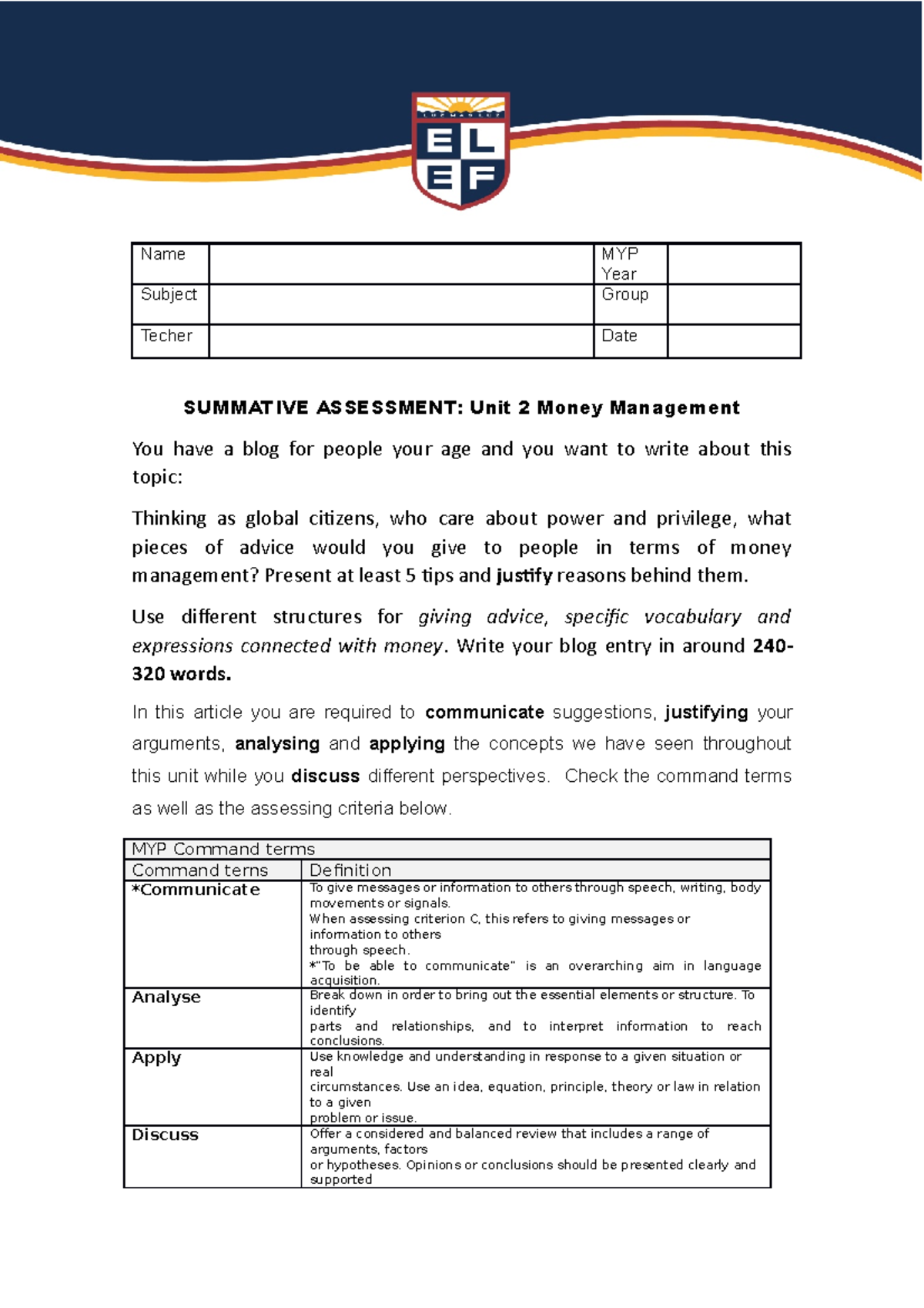 343905 Summative Assessment Unit 2 Money Management 2021 - Name MYP ...