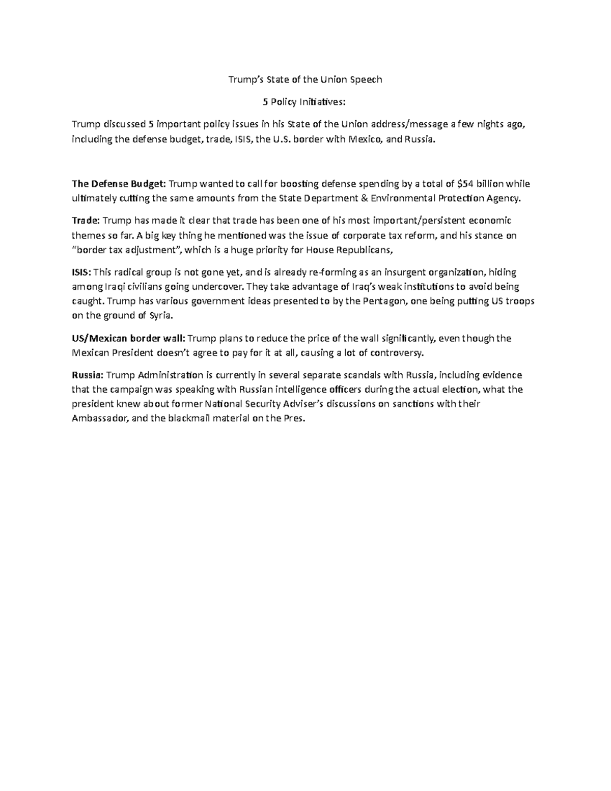 Trump - president essay - Trump’s State of the Union Speech 5 Policy ...
