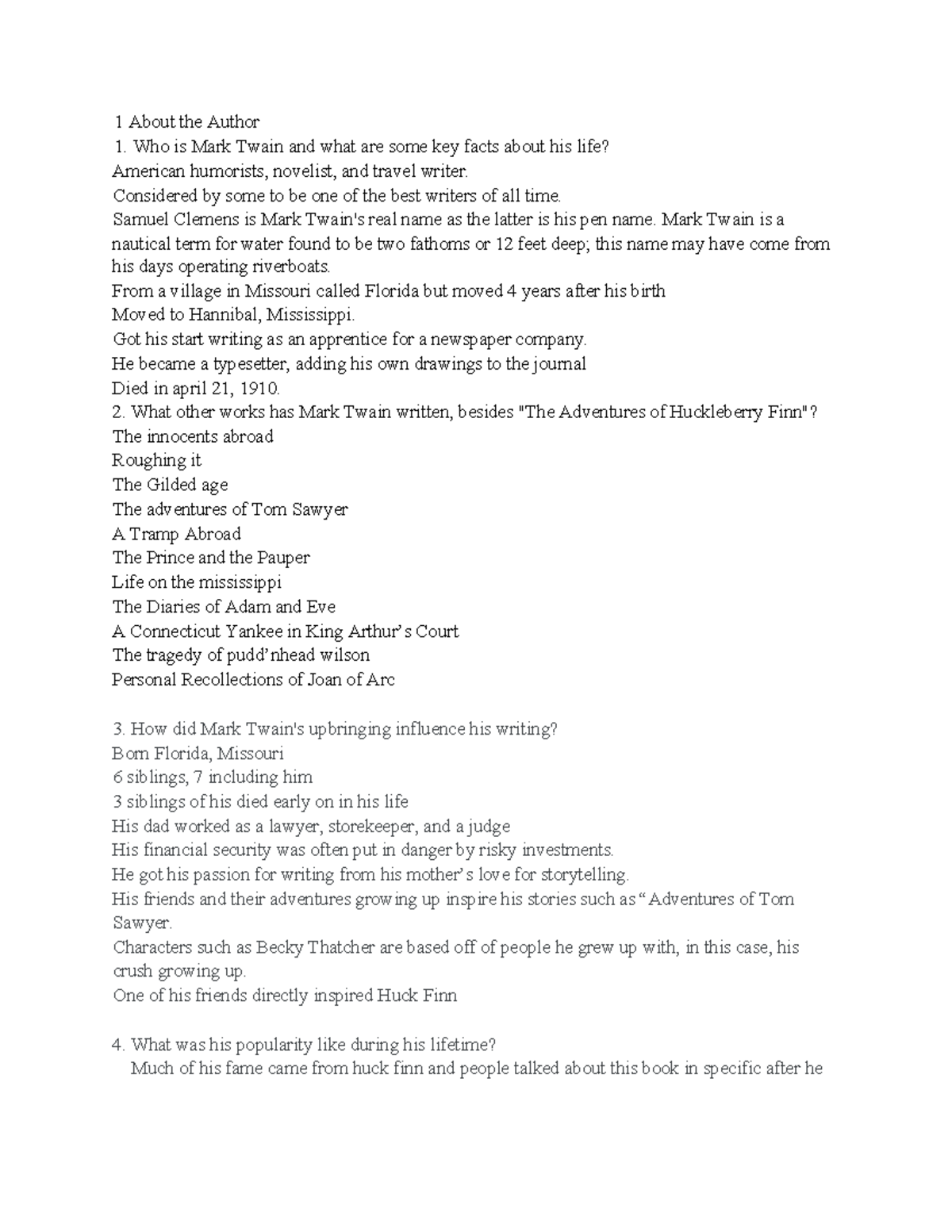 Mark Twain Bio and Adventures of Huckleberry Finn - 1 About the Author ...