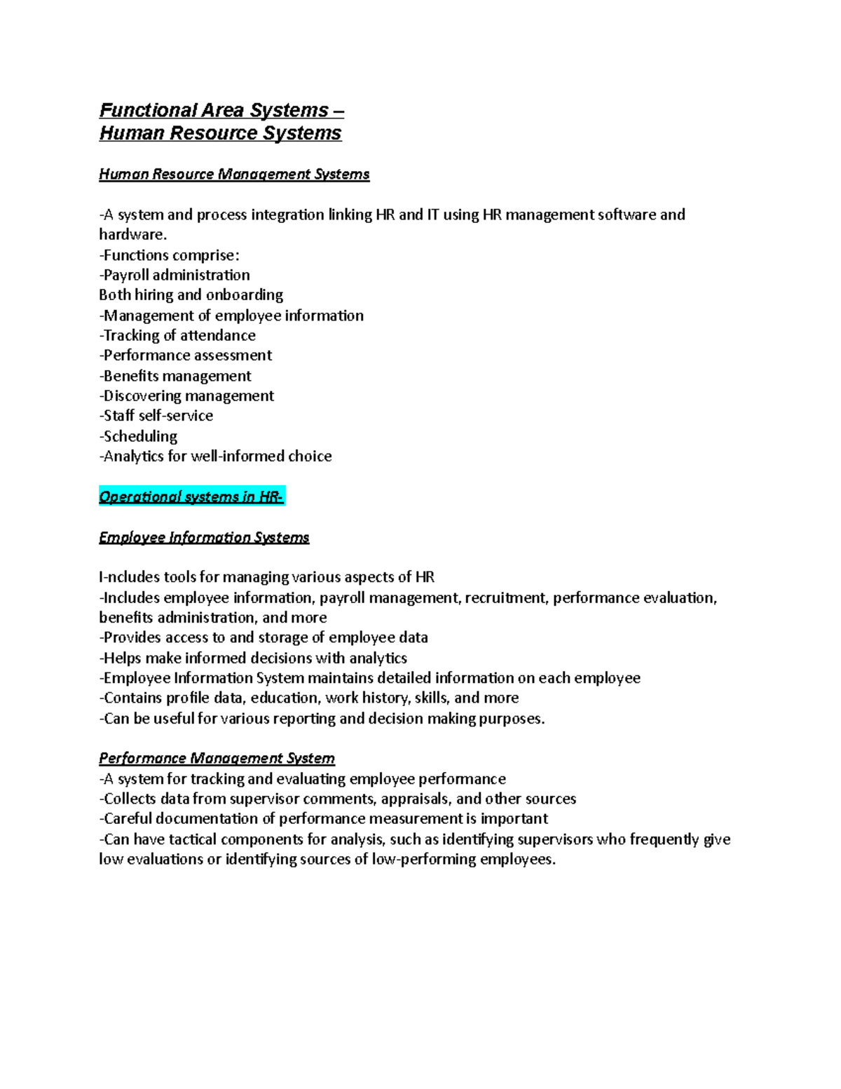 Operational systems- HR - Functional Area Systems – Human Resource ...