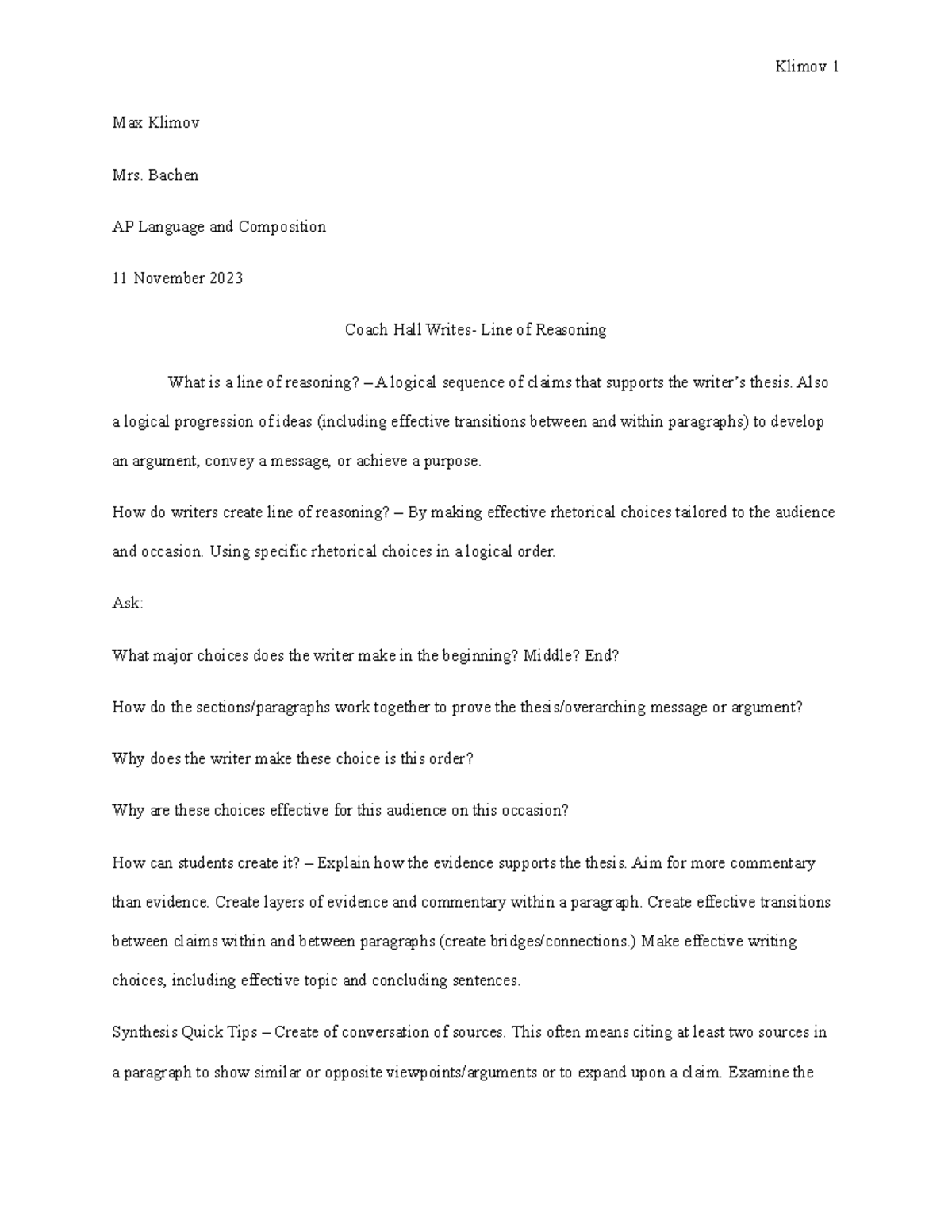 Coahc Hall - Line of Reasoning - Klimov 1 Max Klimov Mrs. Bachen AP ...
