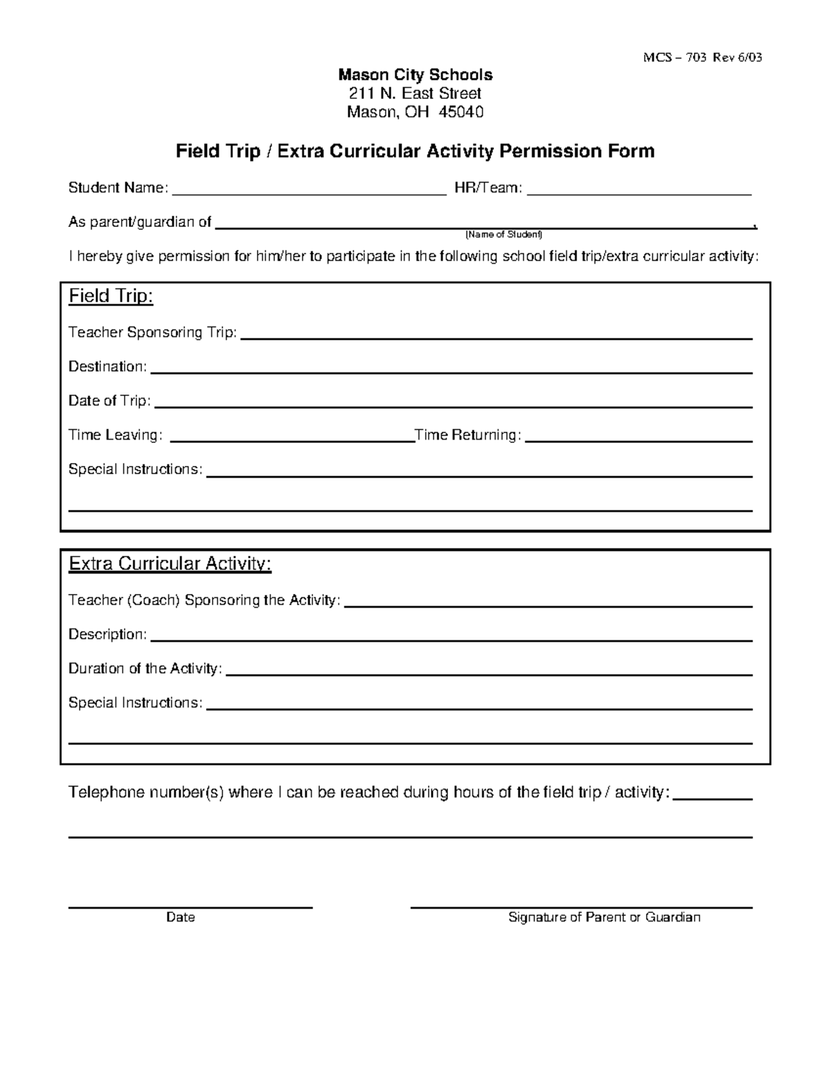 Field Trip Permission - Student Exploration: Waves - MCS – 703 Rev 6 ...