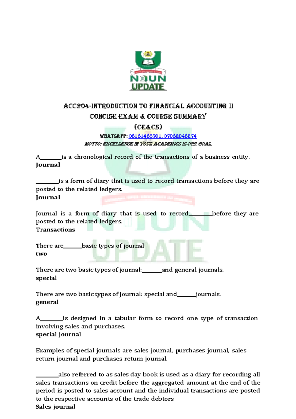 ACC204 CE&CS - Summary - ACC204-INTRODUCTION TO FINANCIAL ACCOUNTING II ...