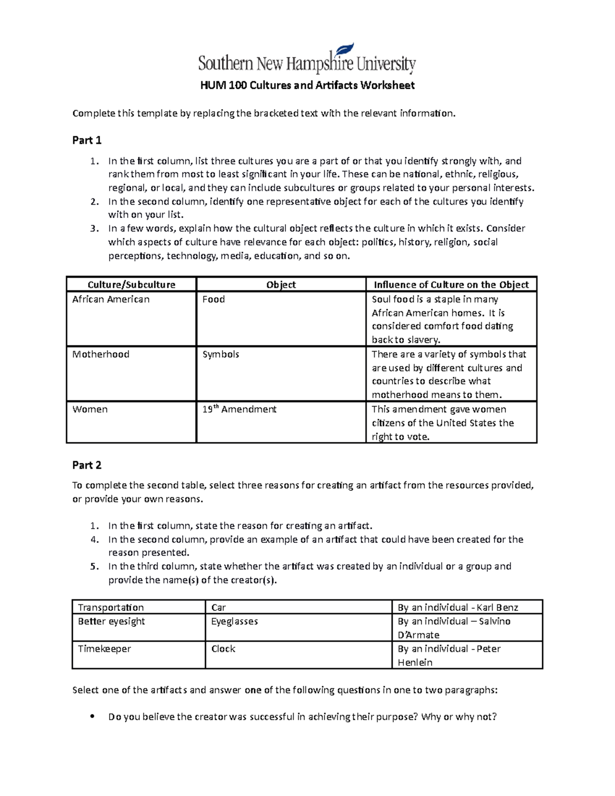 2-1 Worksheet - Cultures and Artifacts Worksheet - HUM 100 Cultures and ...