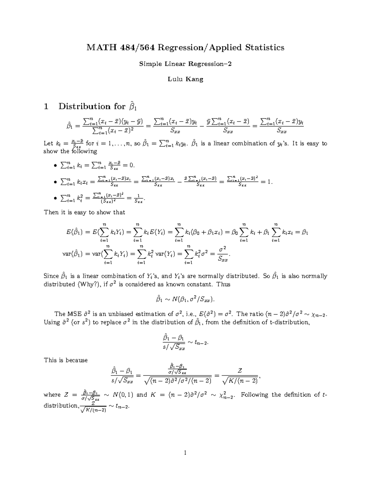 Notes 2 - MATH 484/564 Regression/Applied Statistics Simple Linear ...