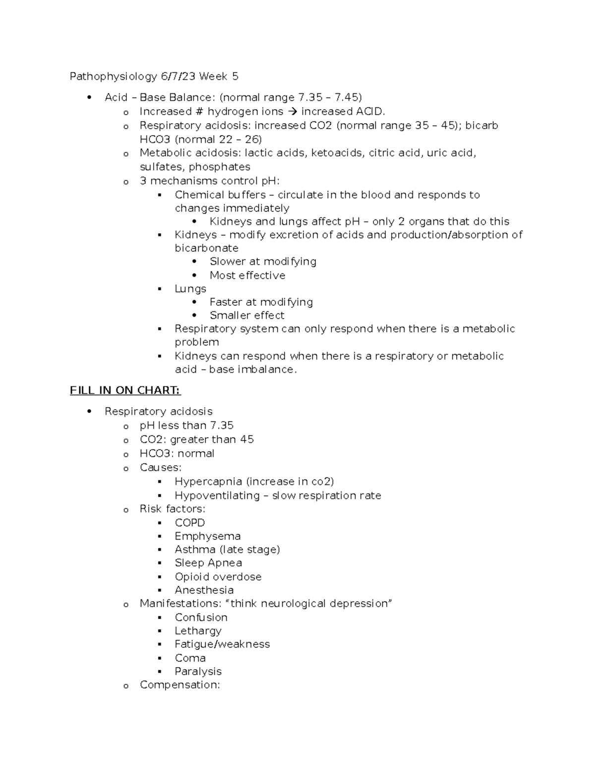 Week 5 notes 672023 - Pathophysiology 6/7/23 Week 5 Acid – Base Balance ...
