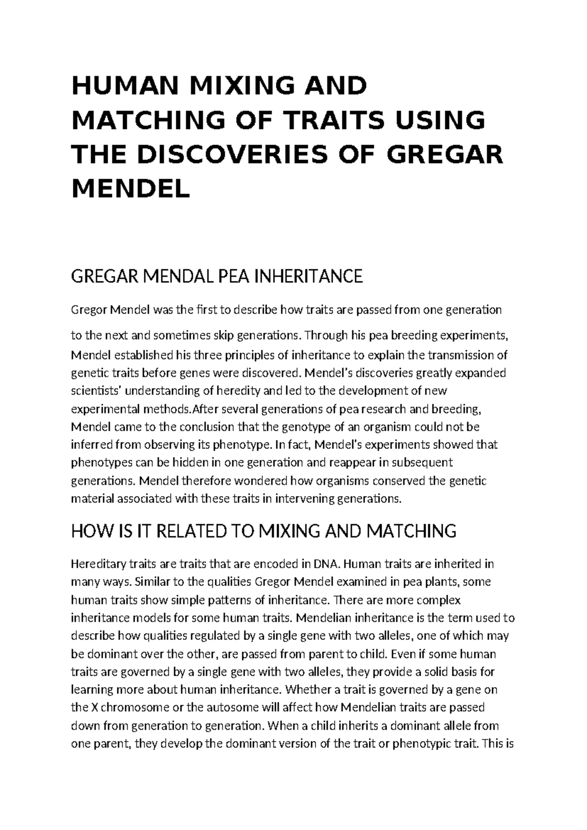 Human Mixing AND Matching OF Traits Using THE Discoveries OF Gregar ...