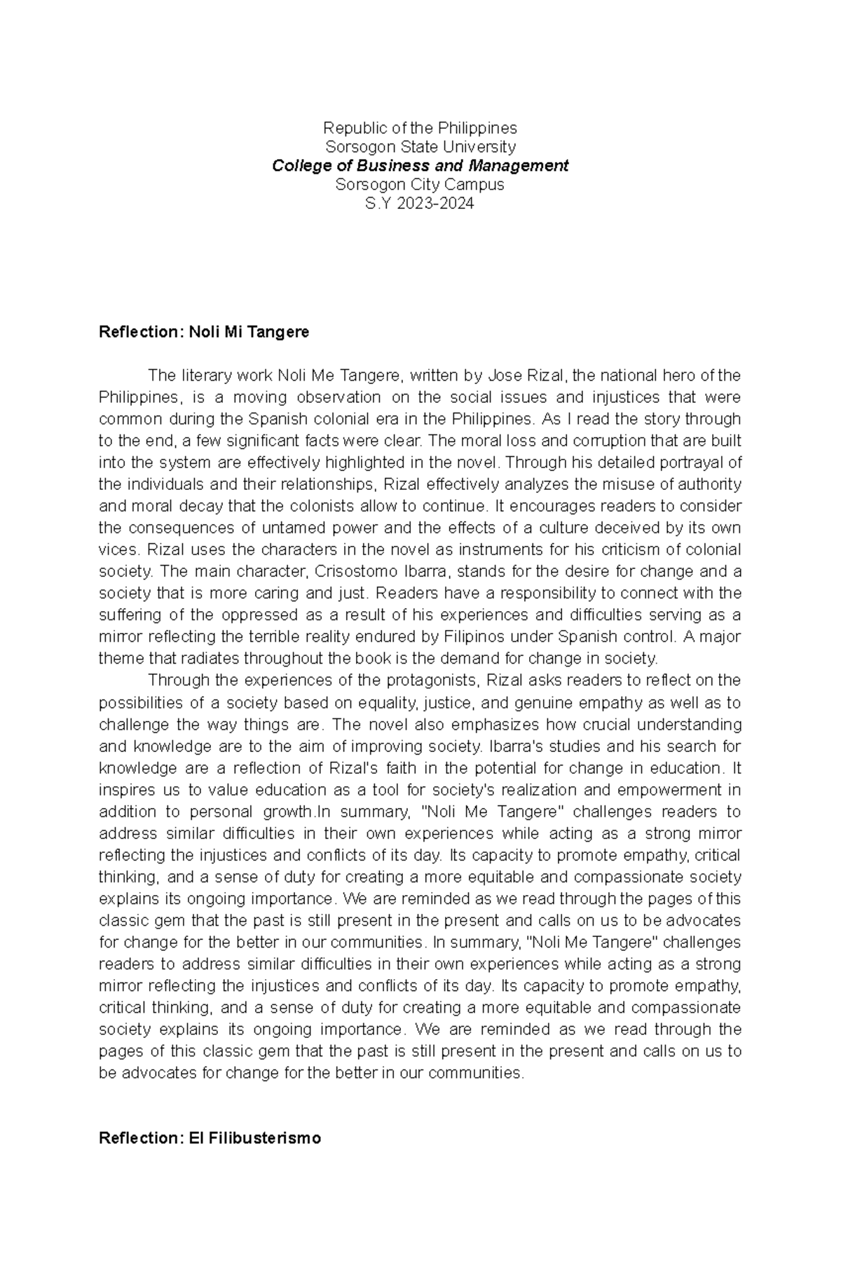 Refelction Paper-Rizal - Republic of the Philippines Sorsogon State ...