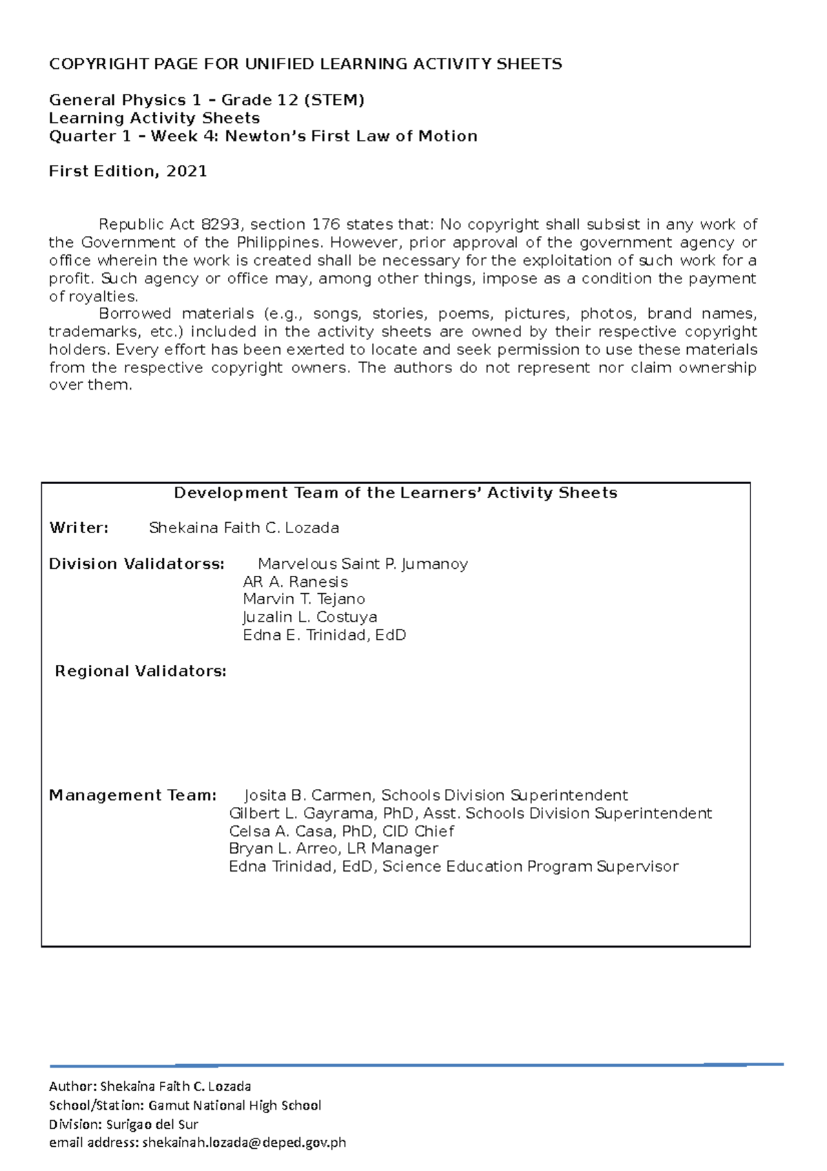 GP1 Q1 Week-4 030409 - COPYRIGHT PAGE FOR UNIFIED LEARNING ACTIVITY SHEETS General Physics 1 ...