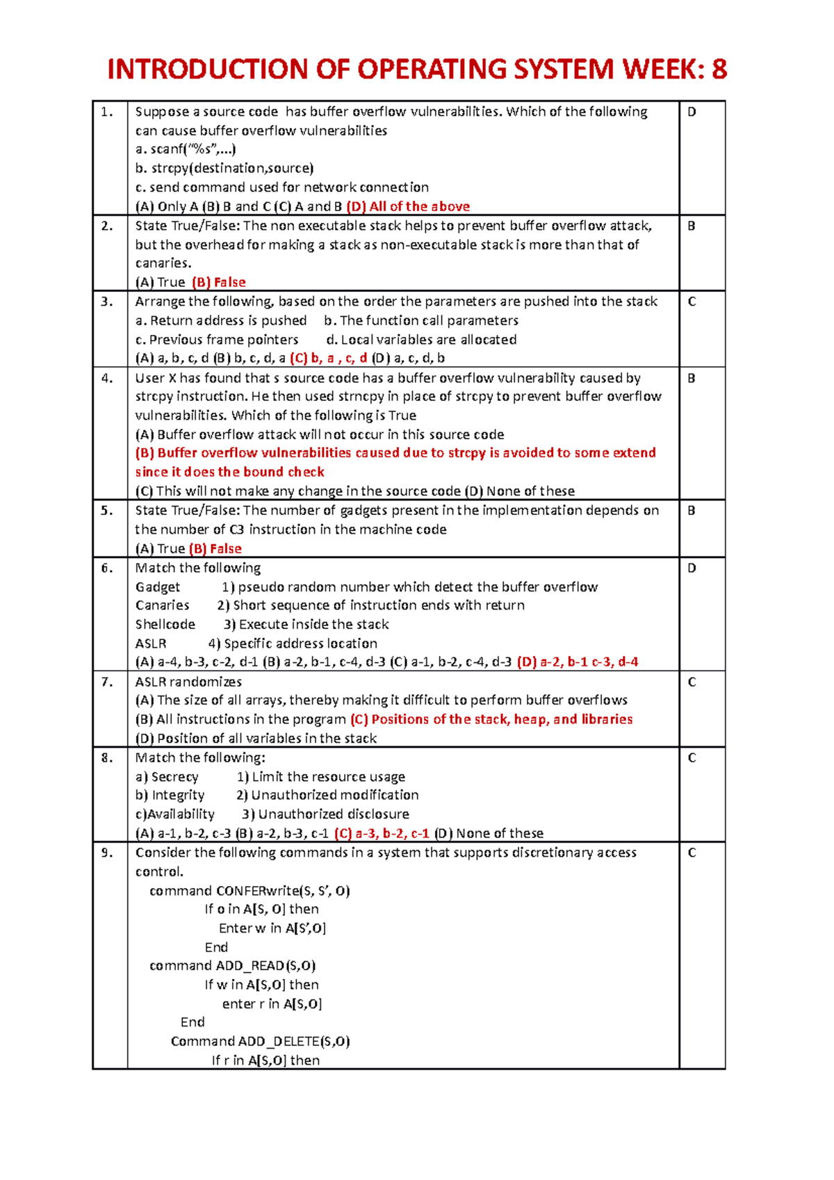IOS W8 - INTRODUCTION OF OPERATING SYSTEM WEEK: 8 Suppose a source code has buffer overflow ...