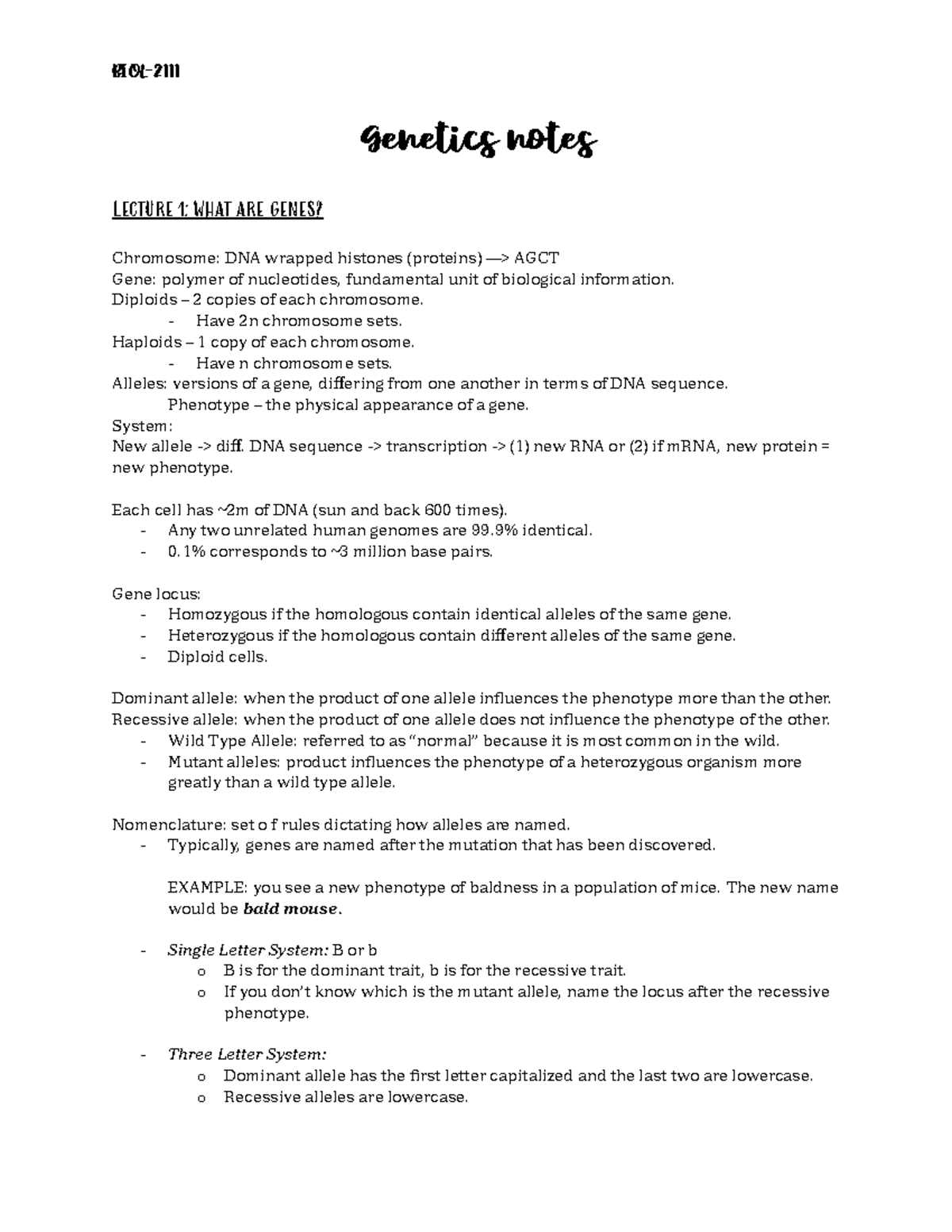 Genetics Notes - Genetics notes LECTURE 1: WHAT ARE GENES? Chromosome ...