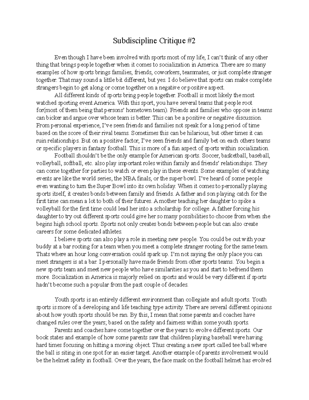 Subdiscipline Critique #2 - KIN 0081 - Studocu