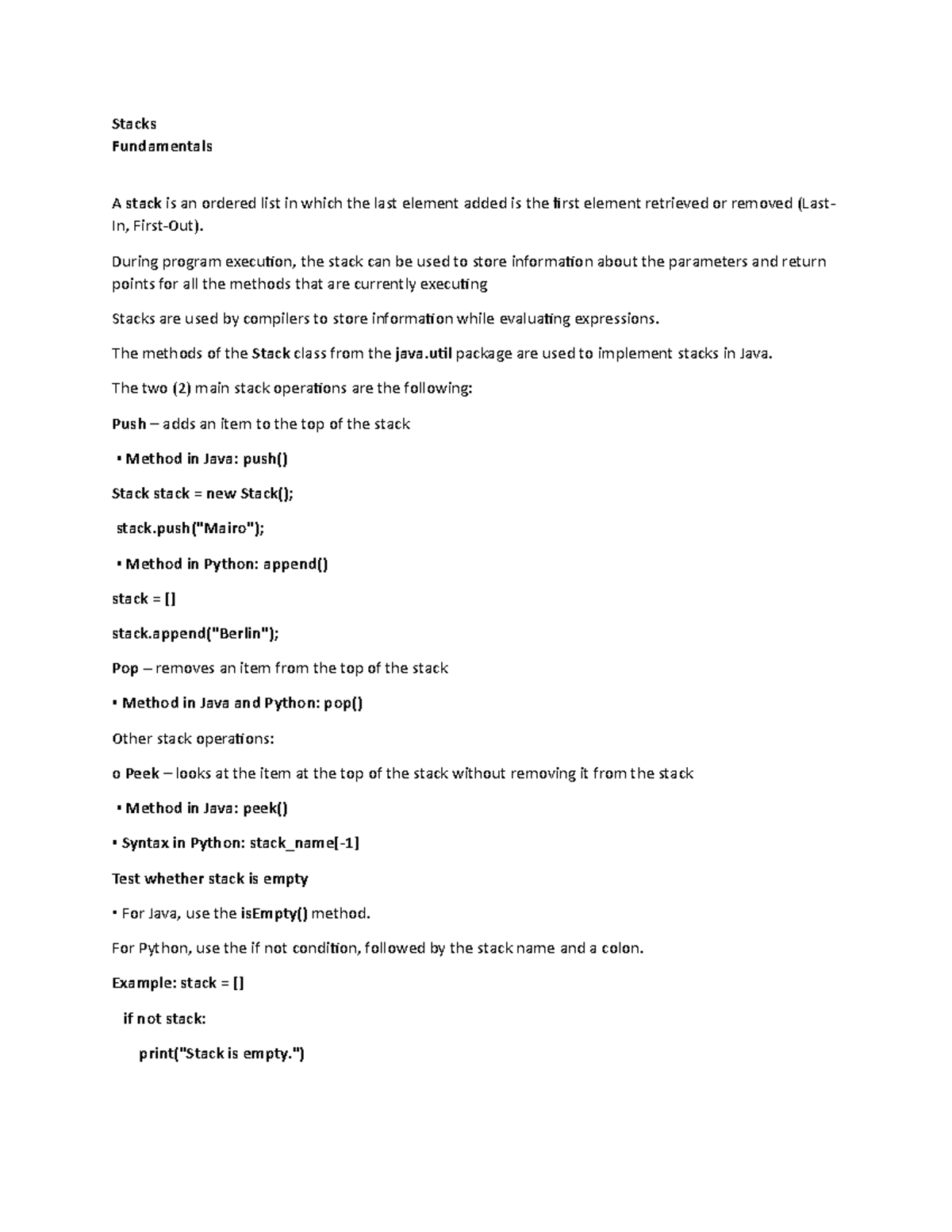 Reviewer - our lesson midterm - Stacks Fundamentals A stack is an ...