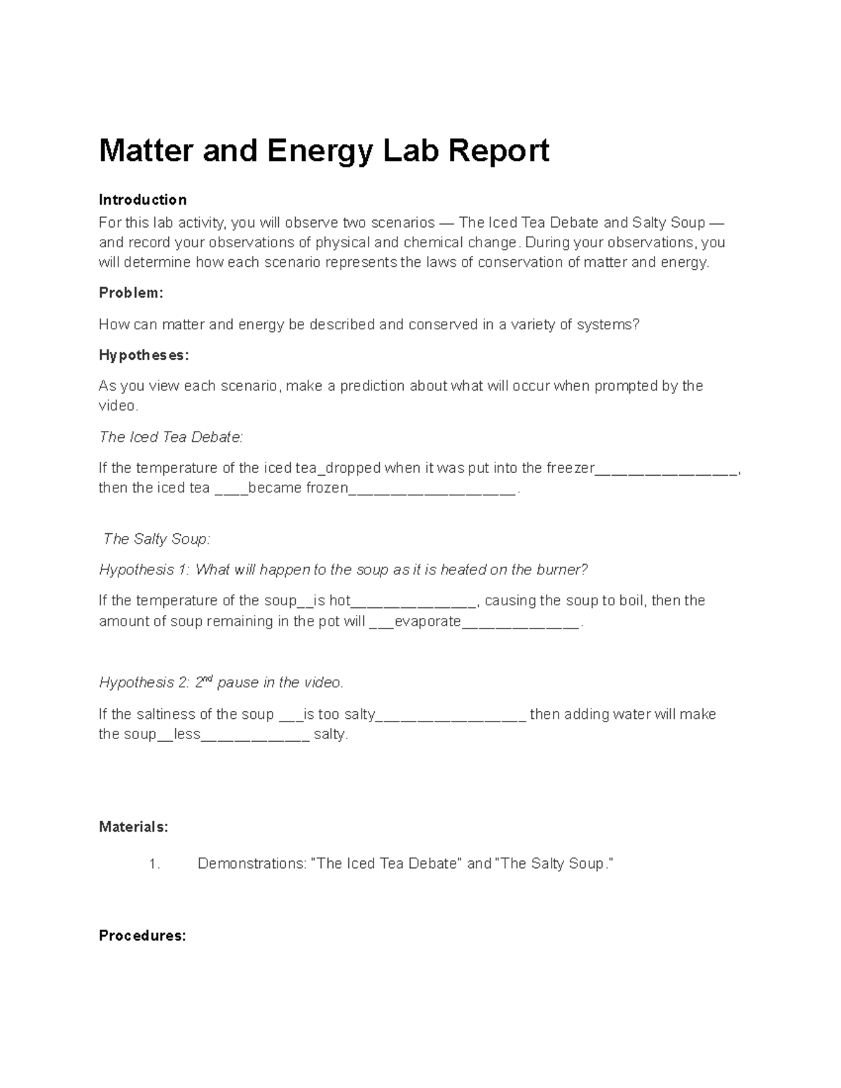 01.06 Matter and Energy - Matter and Energy Lab Report Introduction For ...