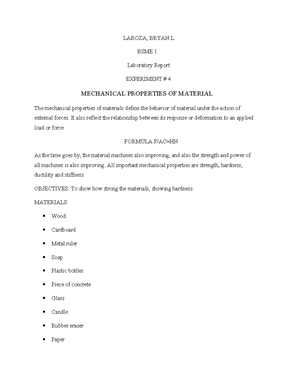 Experiment 4 Mechanical Properties OF Materials - LAROZA, BRYAN L. BSME ...