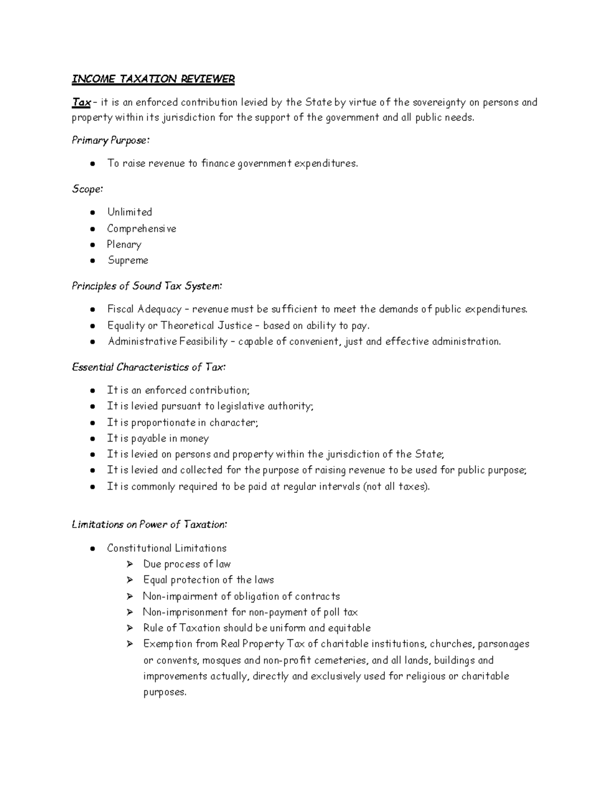 Income Taxation Reviewer - INCOME TAXATION REVIEWER Tax – it is an ...